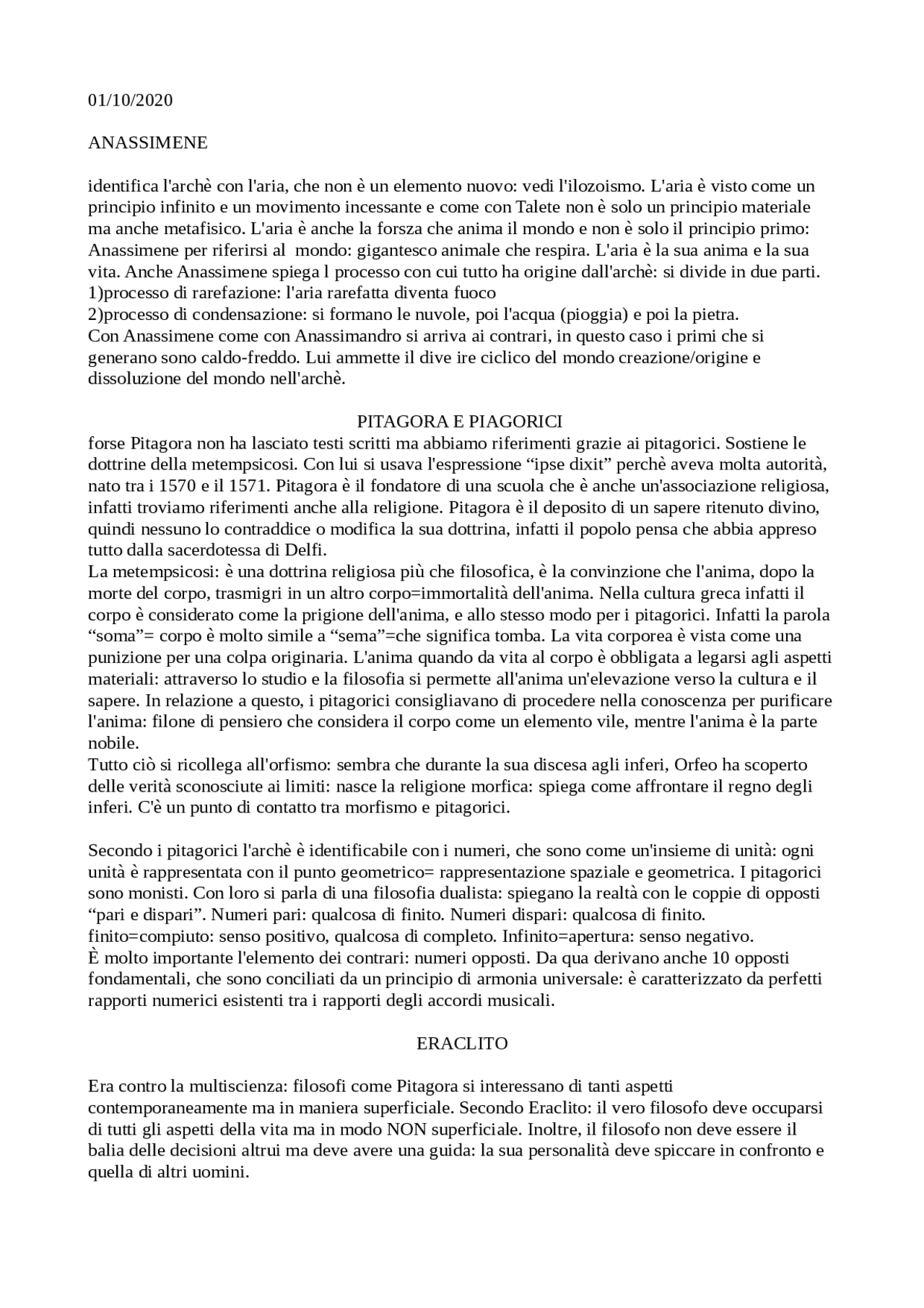 Anassimene E I Pitagorici Docsity