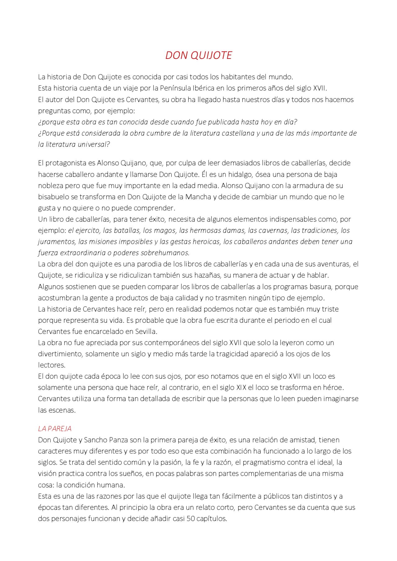 Don Quijote (appunti in spagnolo) - Docsity