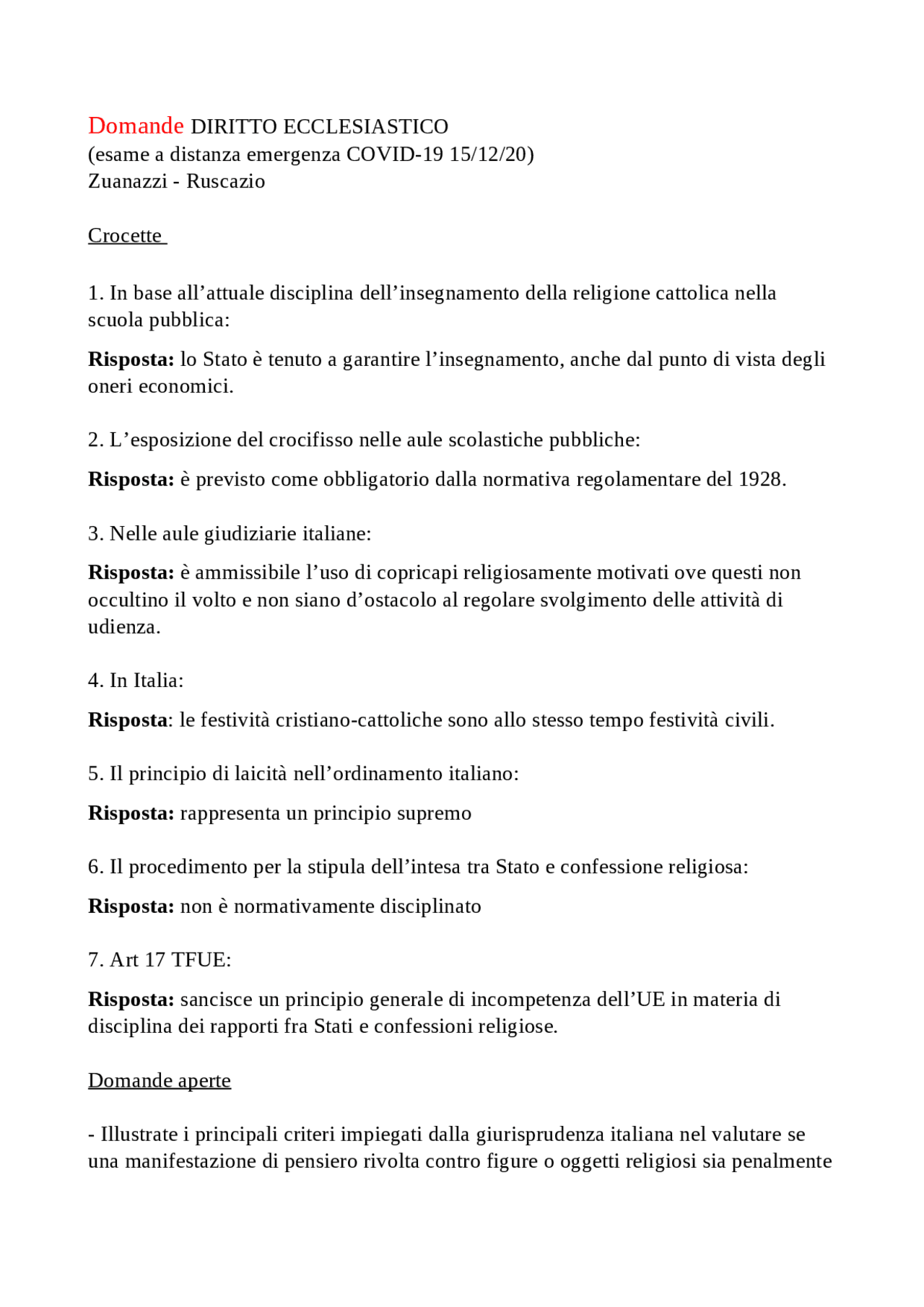 Domande Risposte Diritto Ecclesiastico Prove Desame Di Diritto