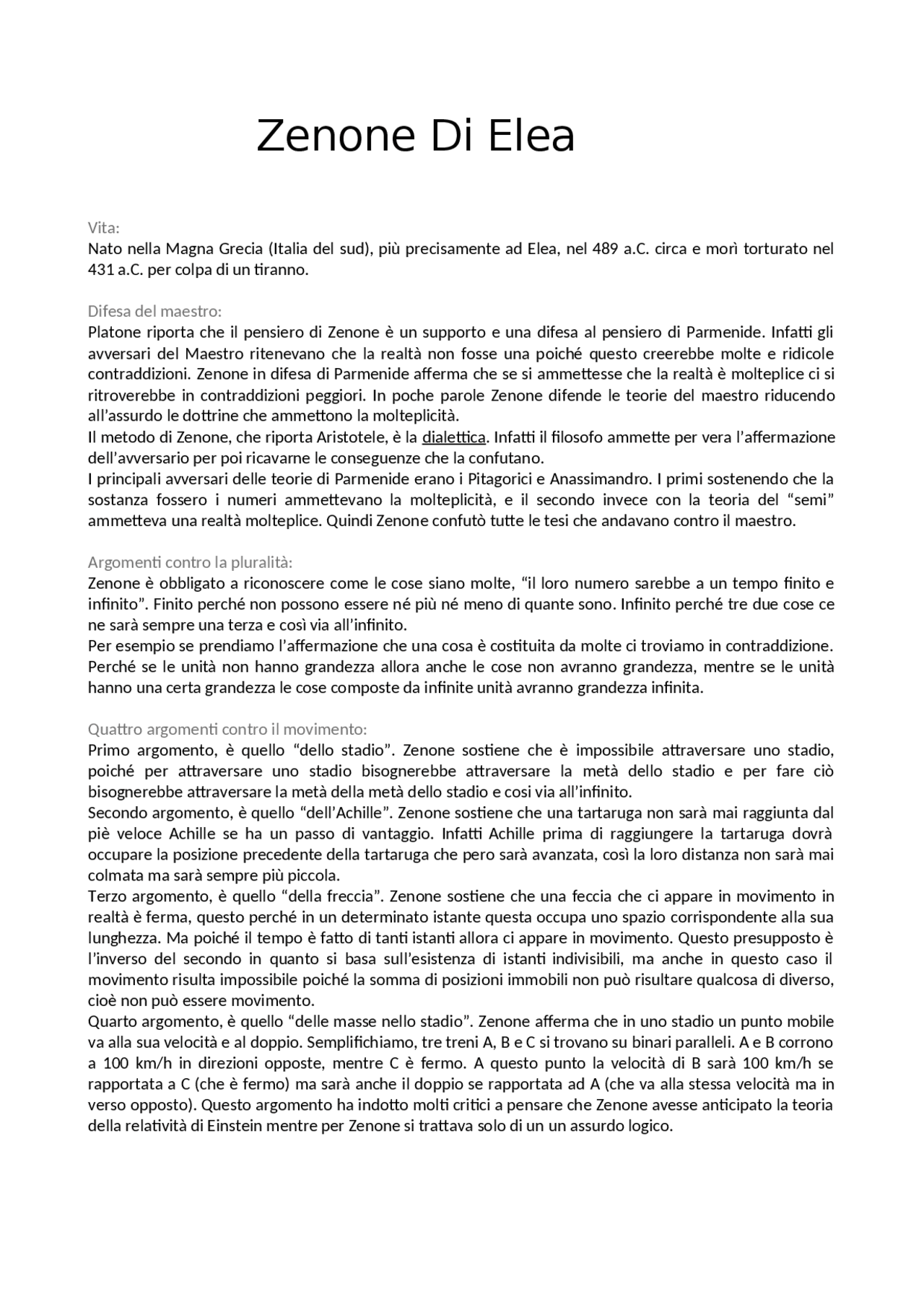 Zenone di Elea e i suoi paradossi - Docsity