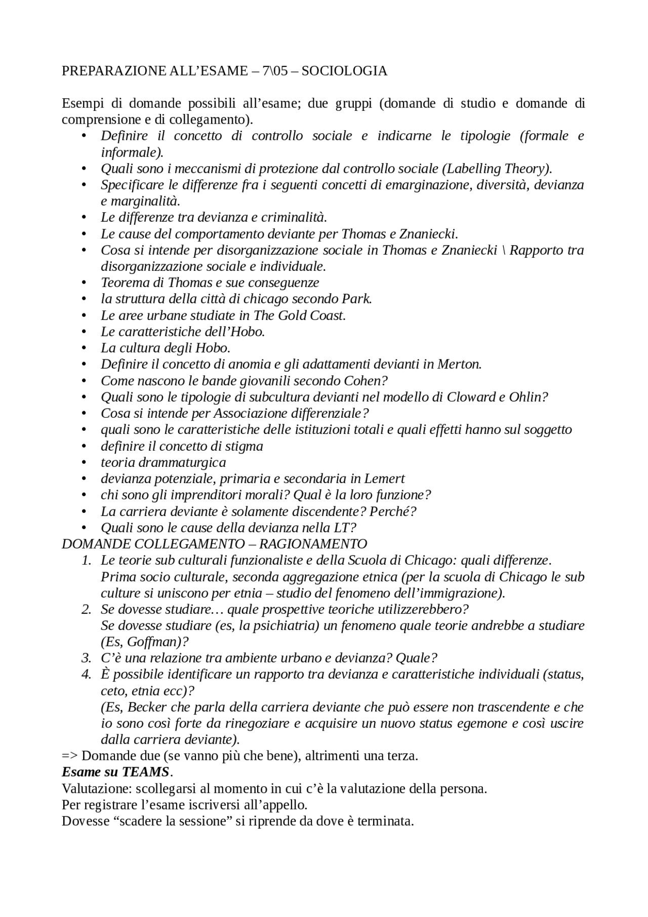 Secondo Semestre Di Sociologia Della Devianza Docsity