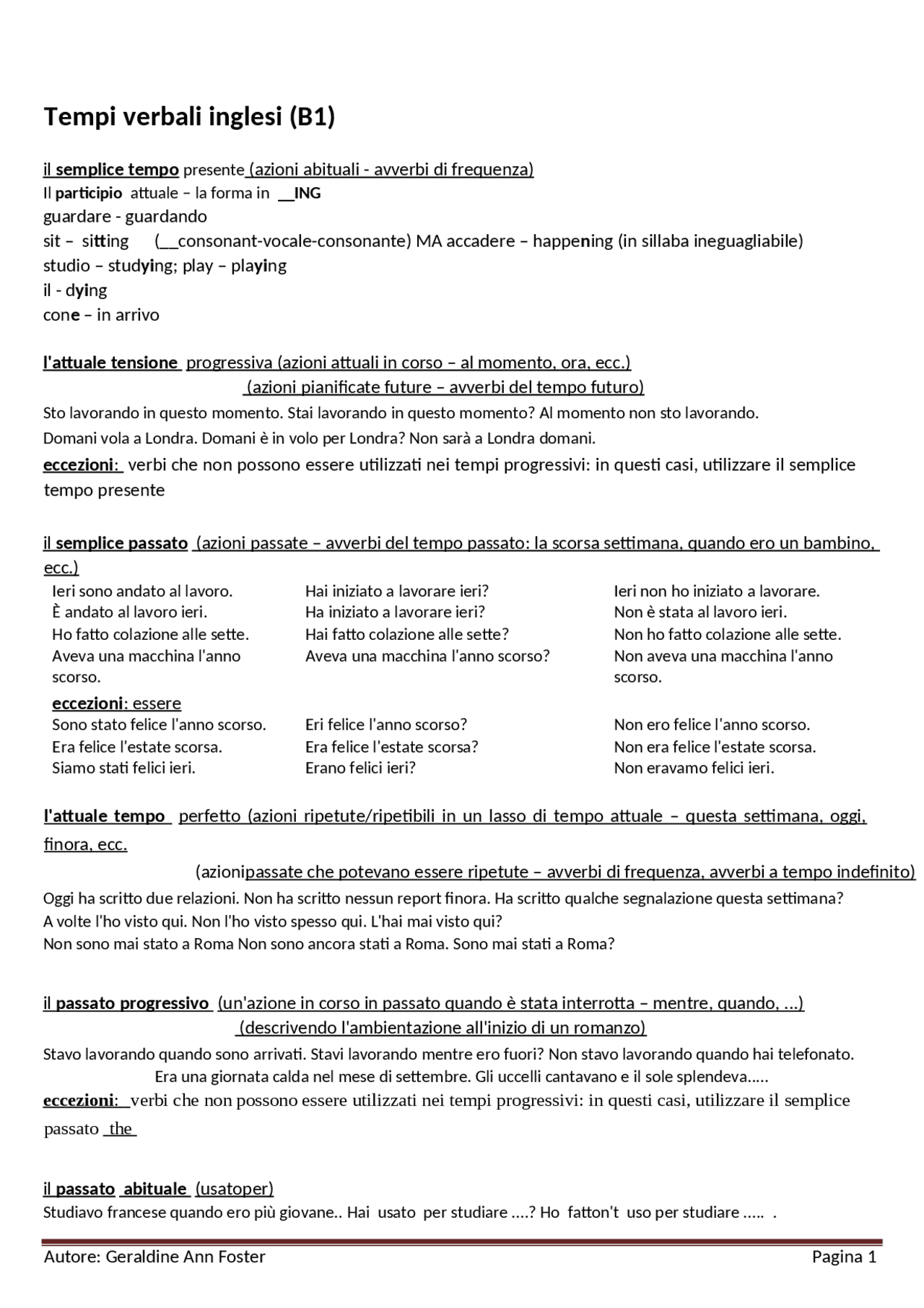 Verb tenses for B1 TAL - Italiano - Docsity