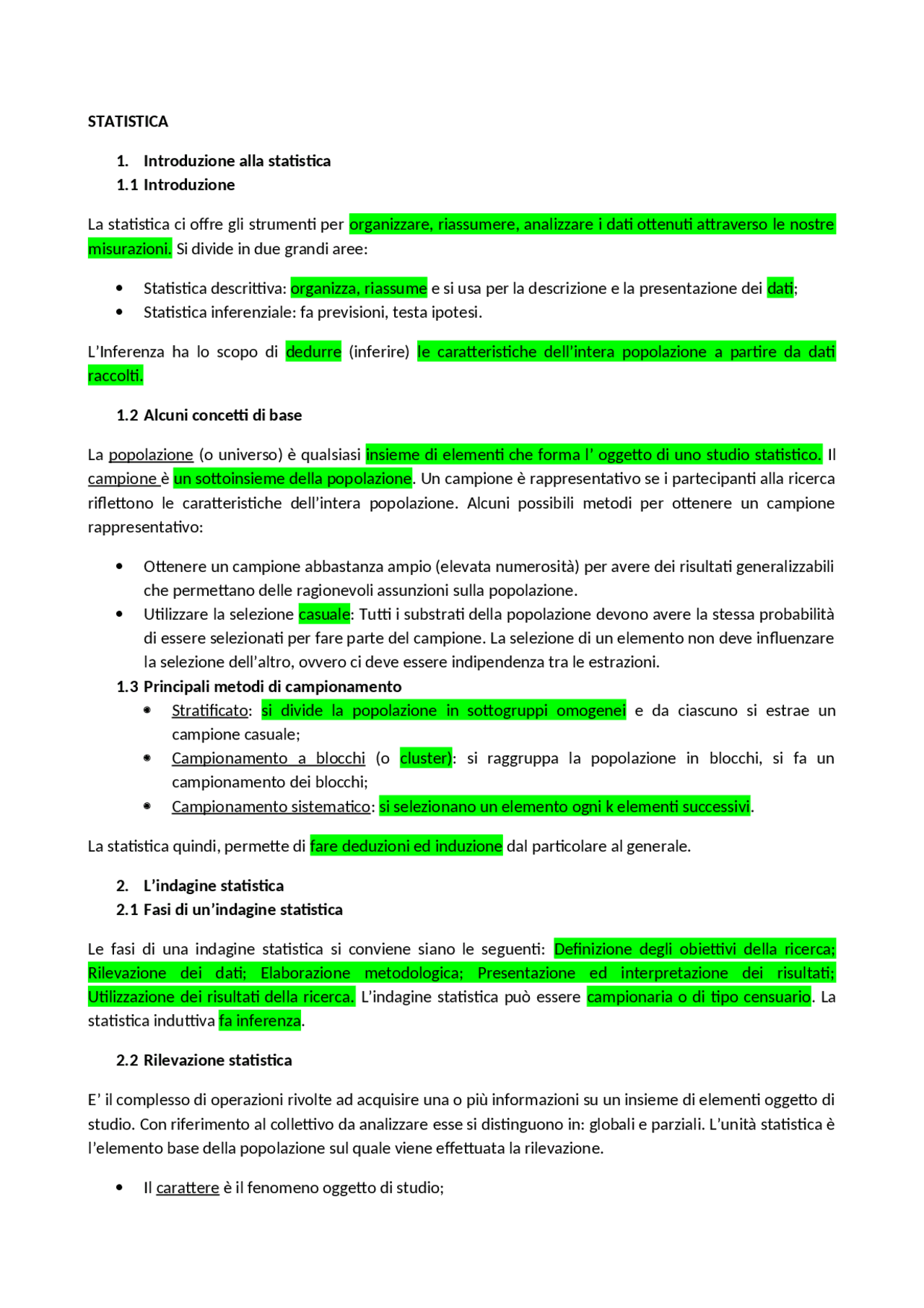 Sintesi Completa Statistica Docsity