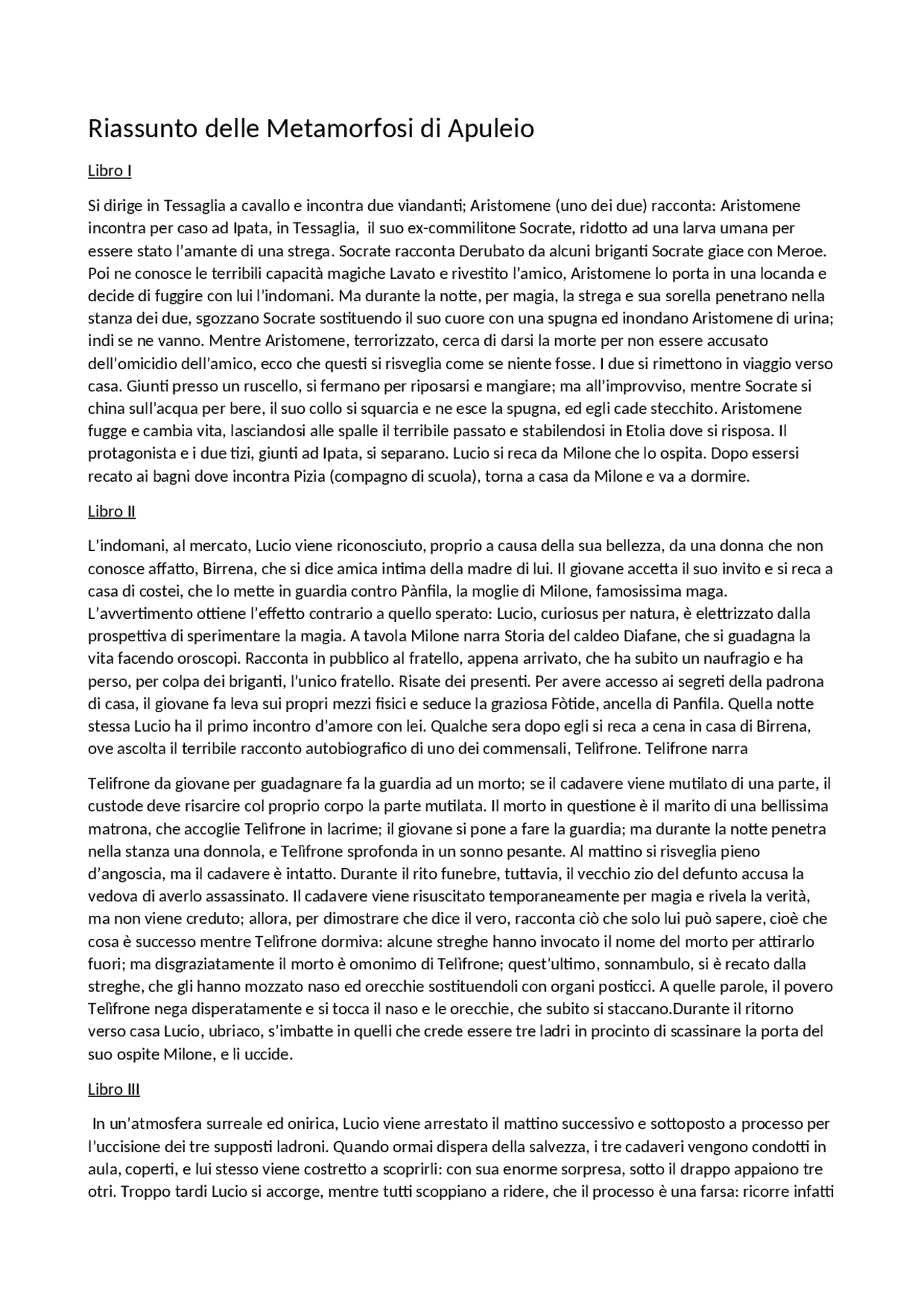 RIASSUNTO METAMORFOSI APULEIO | Resúmenes de Latín | Docsity