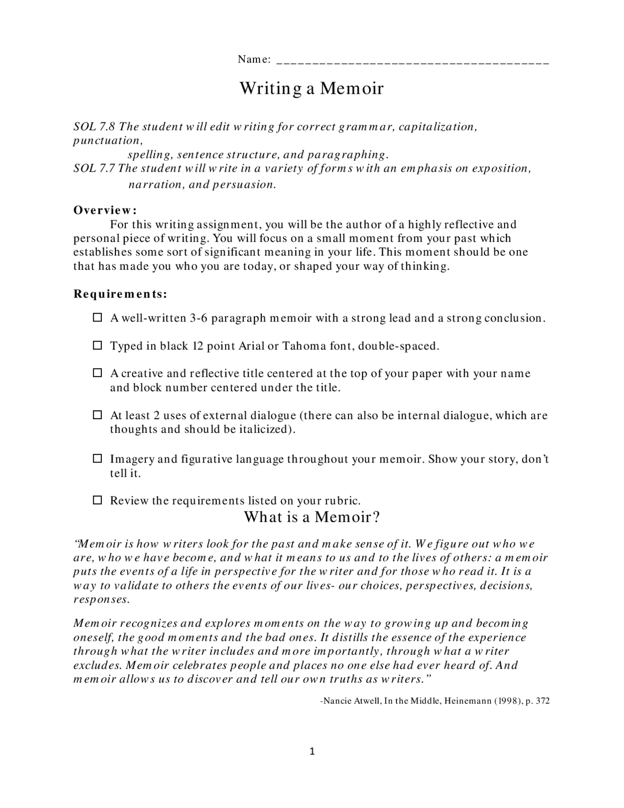 Memoir Writing Rubric - Docsity