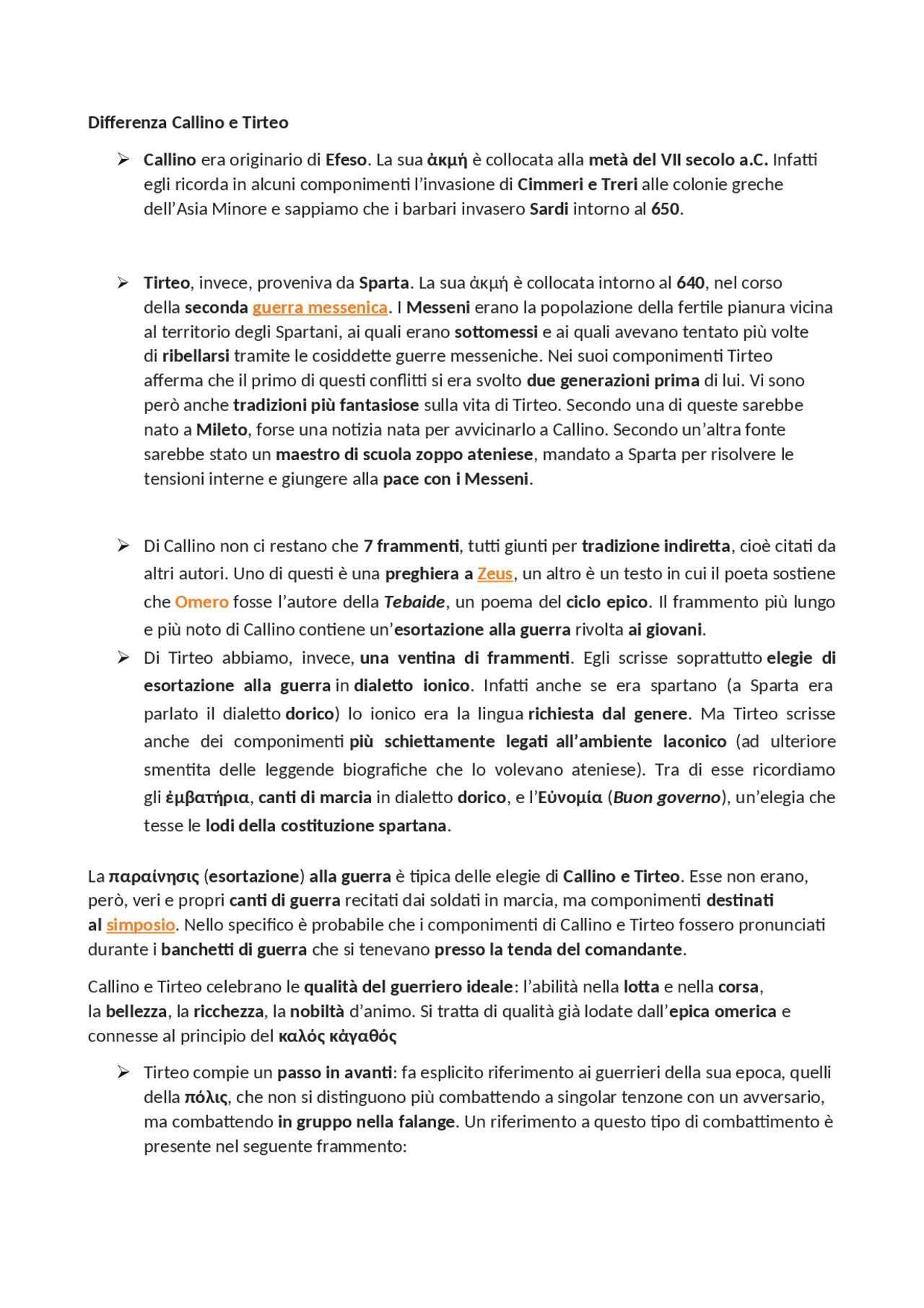 Appunti Callino E Tirteo Appunti Di Greco Docsity