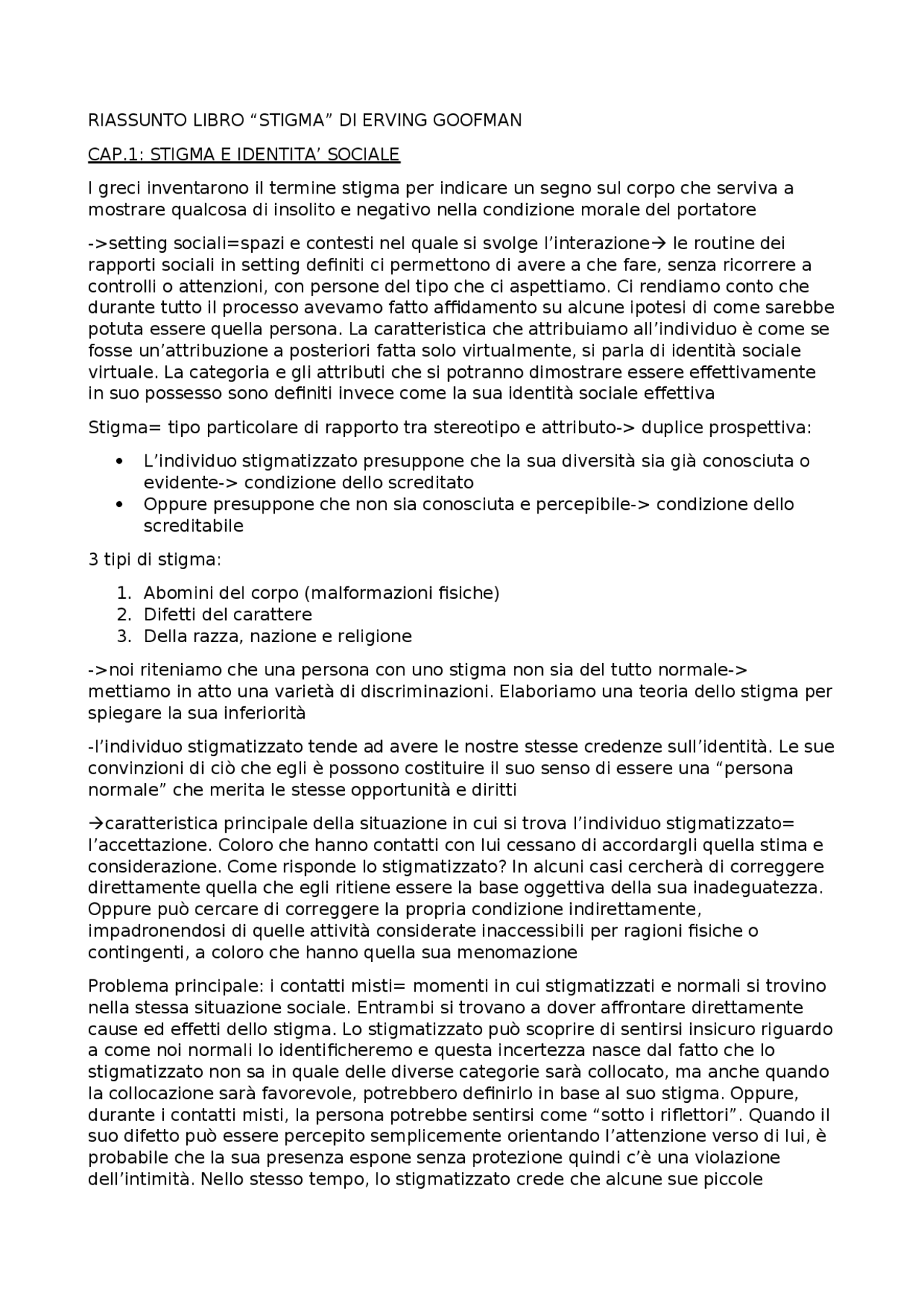Riassunto Libro Stigma Docsity