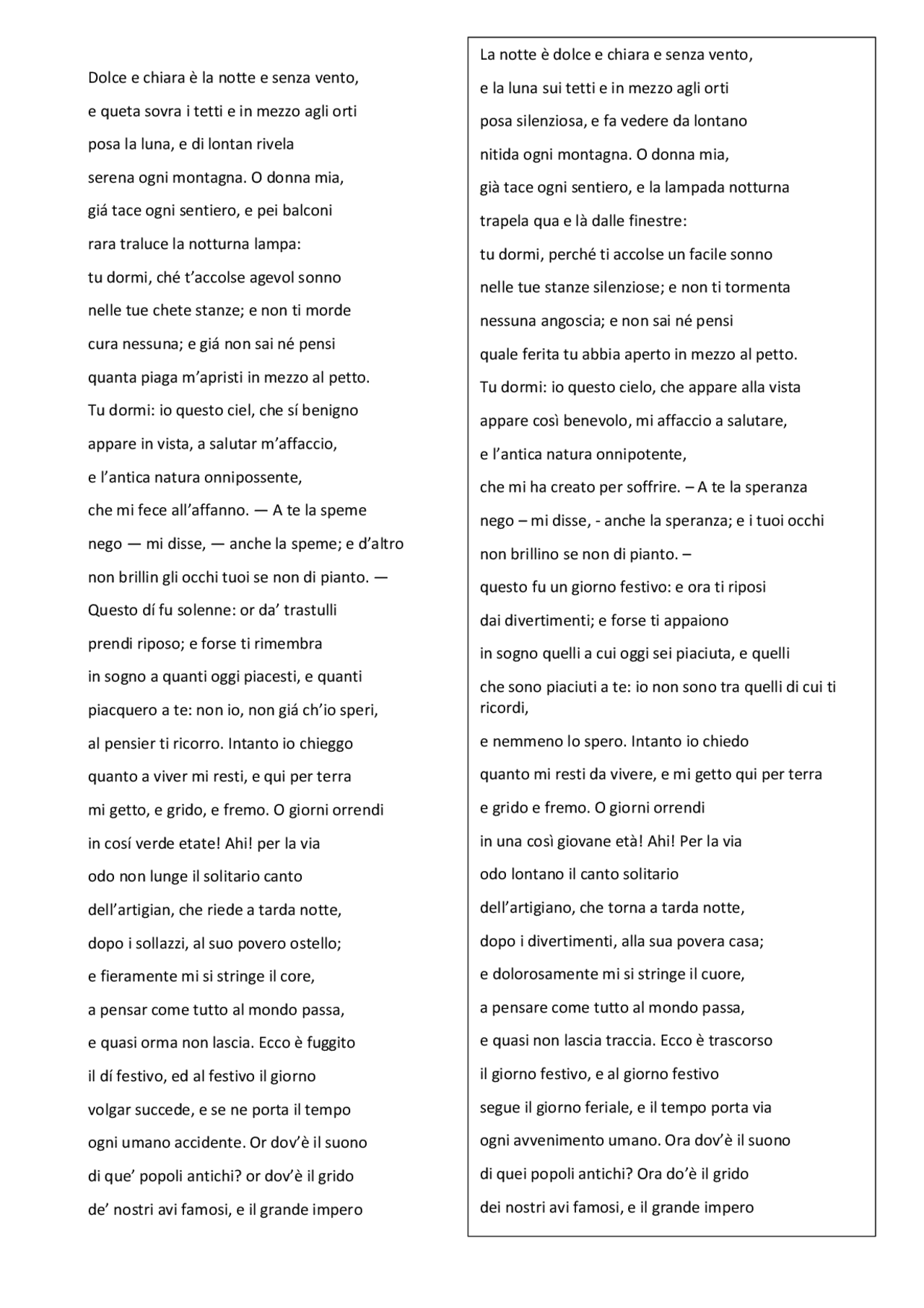 La Sera Del Dì Di Festa Di Leopardi Docsity