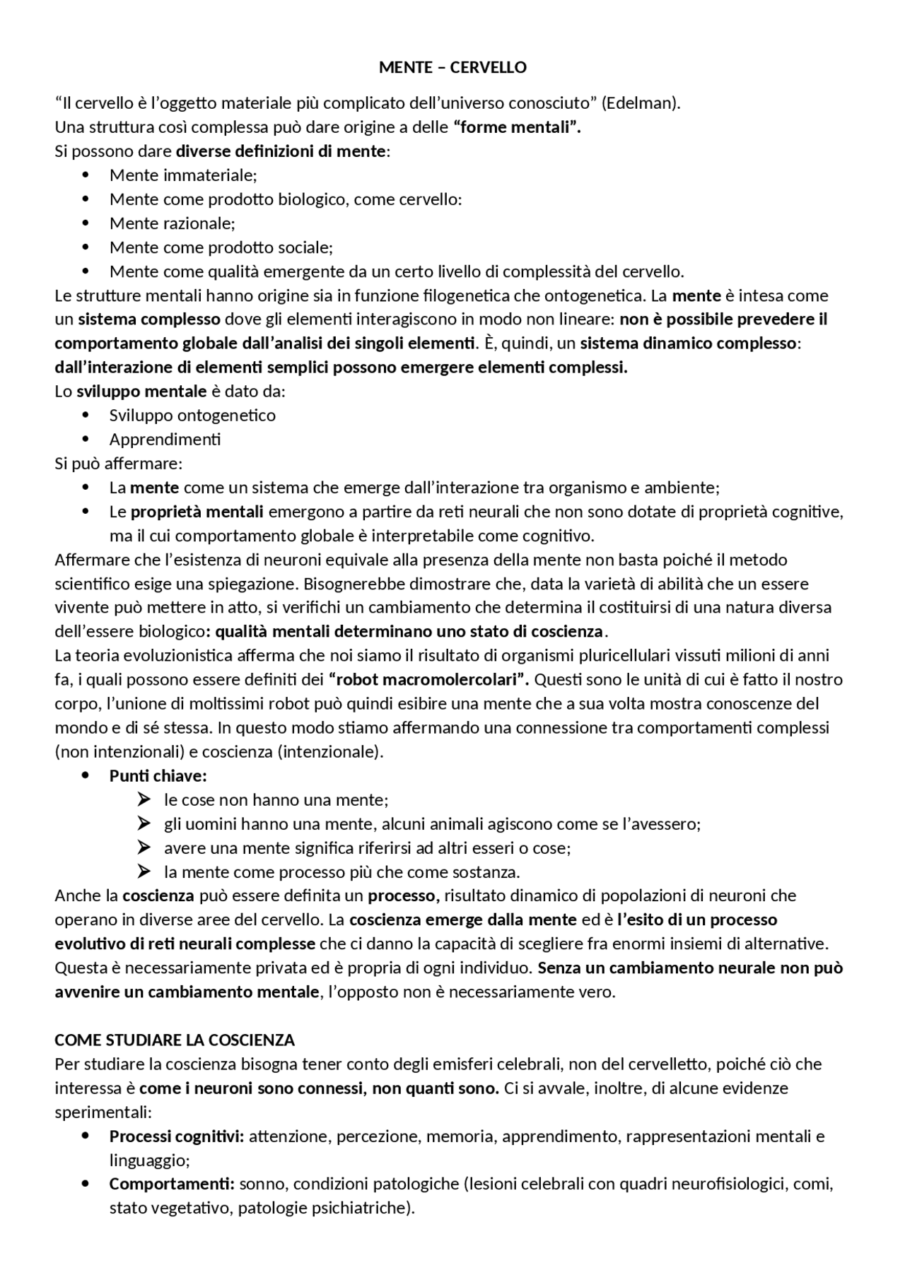 Rapporto Mente Cervello Docsity