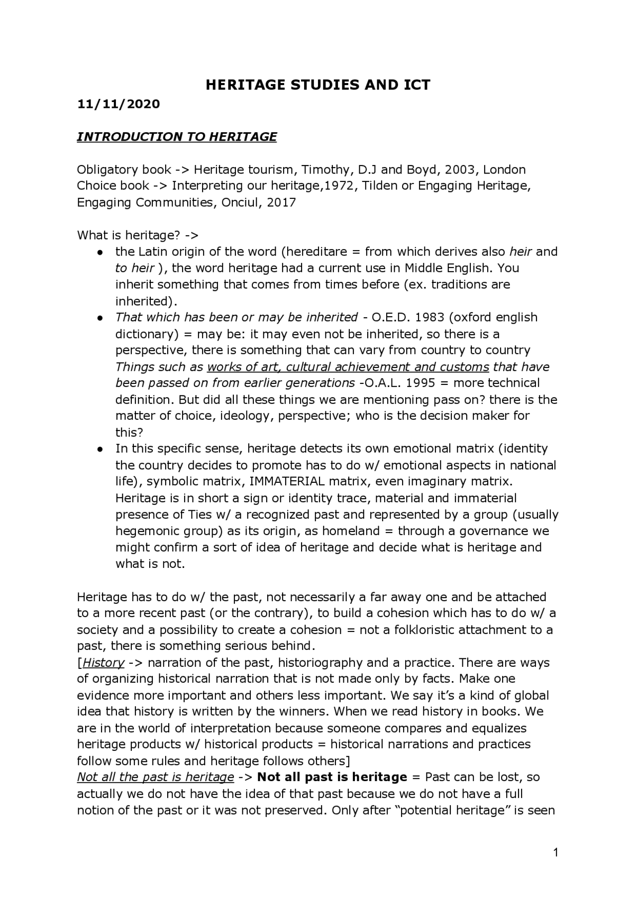 HERITAGE STUDIES NOTES - Docsity