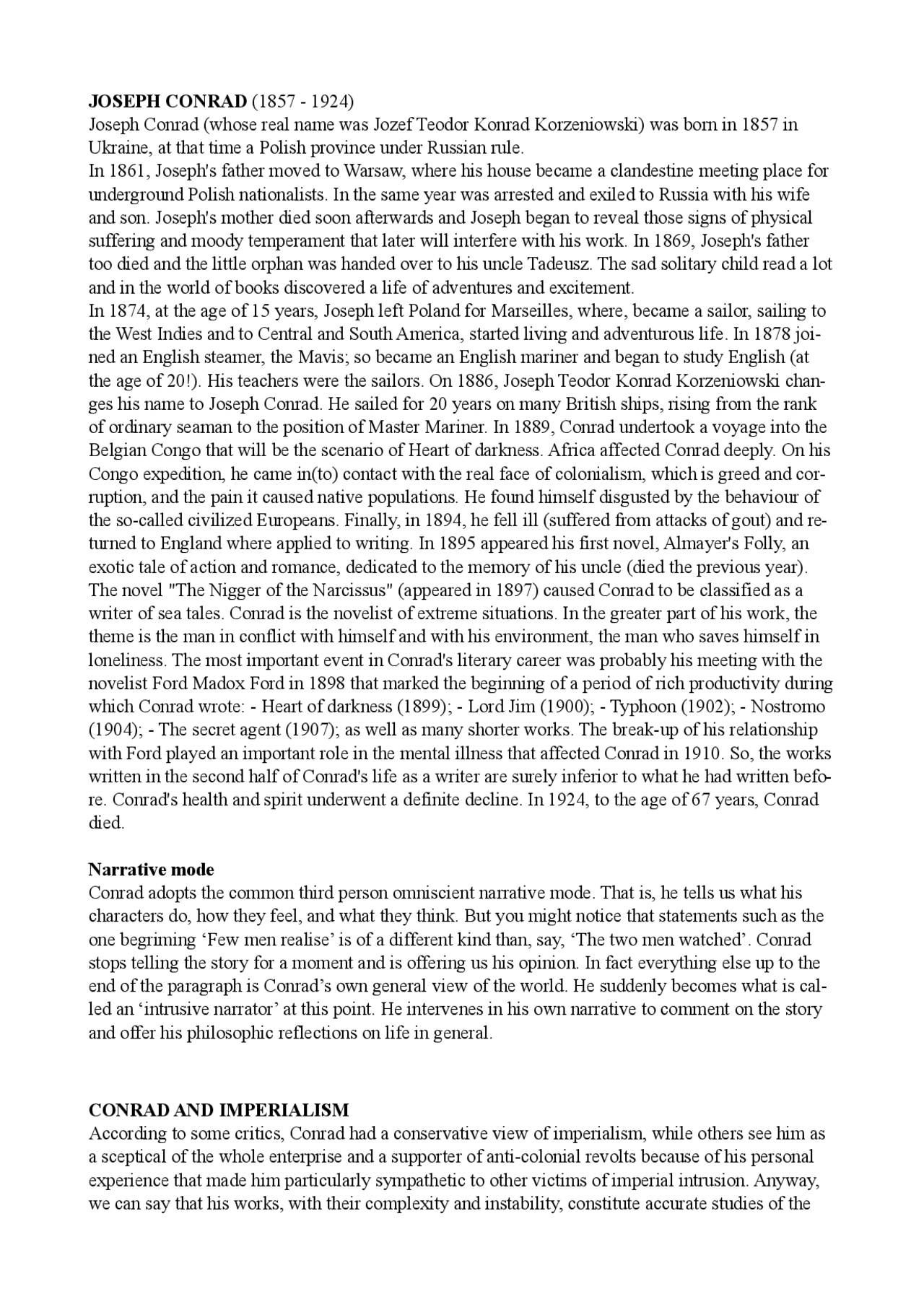 Appunti Su Joseph Conrad Docsity