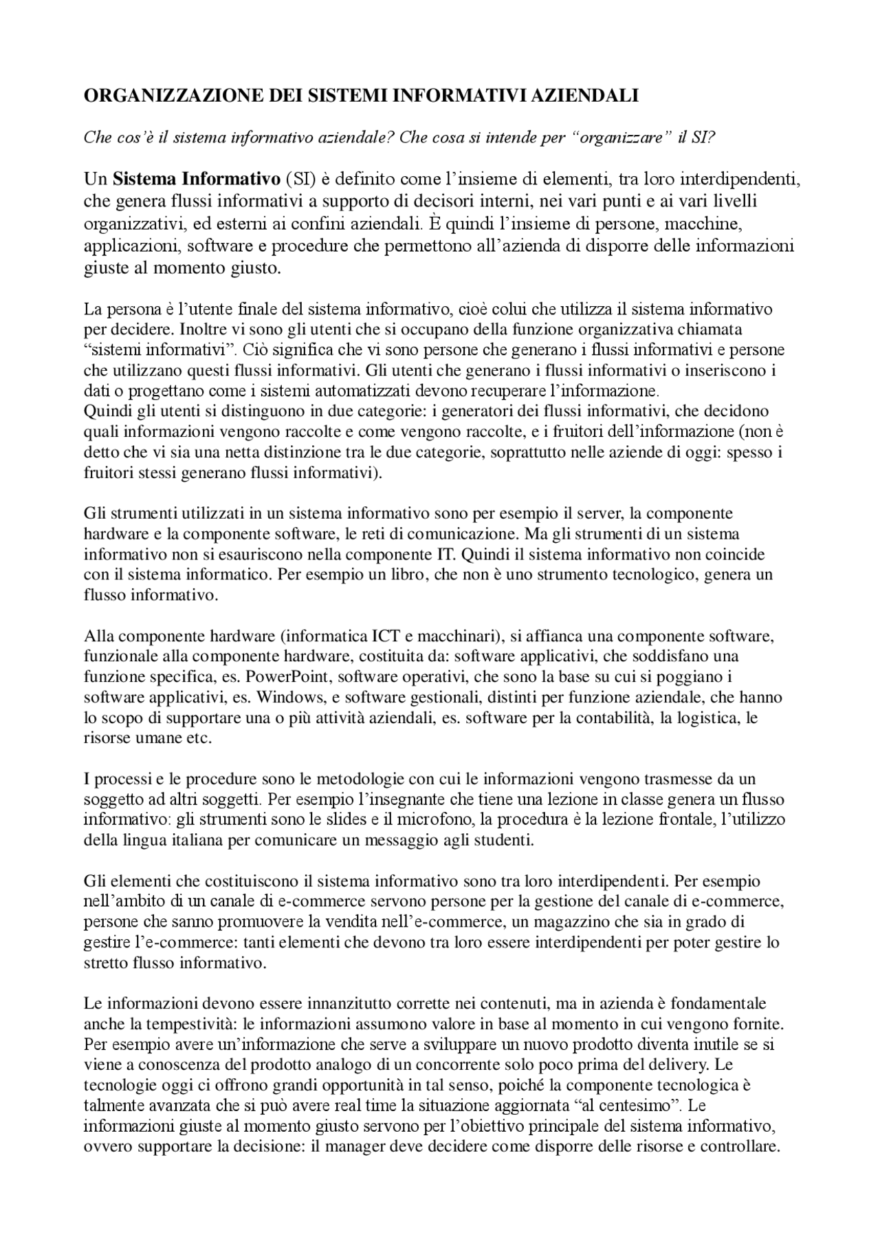 Organizzazione Dei Sistemi Informativi Aziendali 1 Docsity