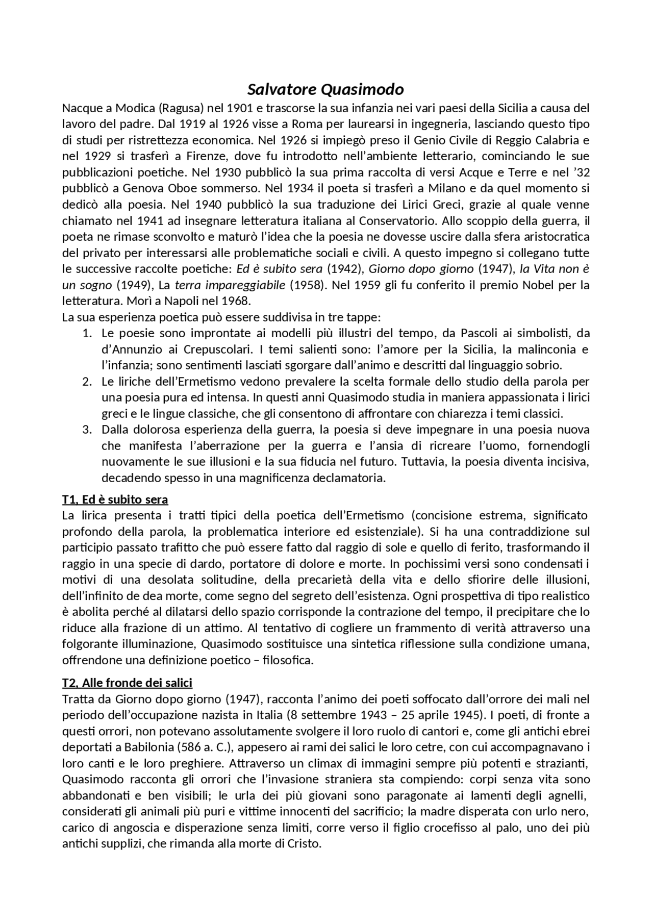 Salvatore Quasimodo Vita E Opere Docsity