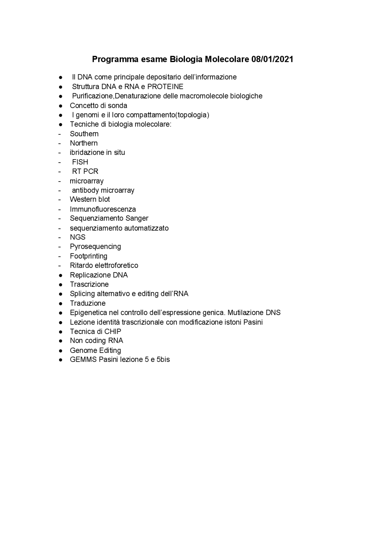 Biologia molecolare programma esame - Docsity