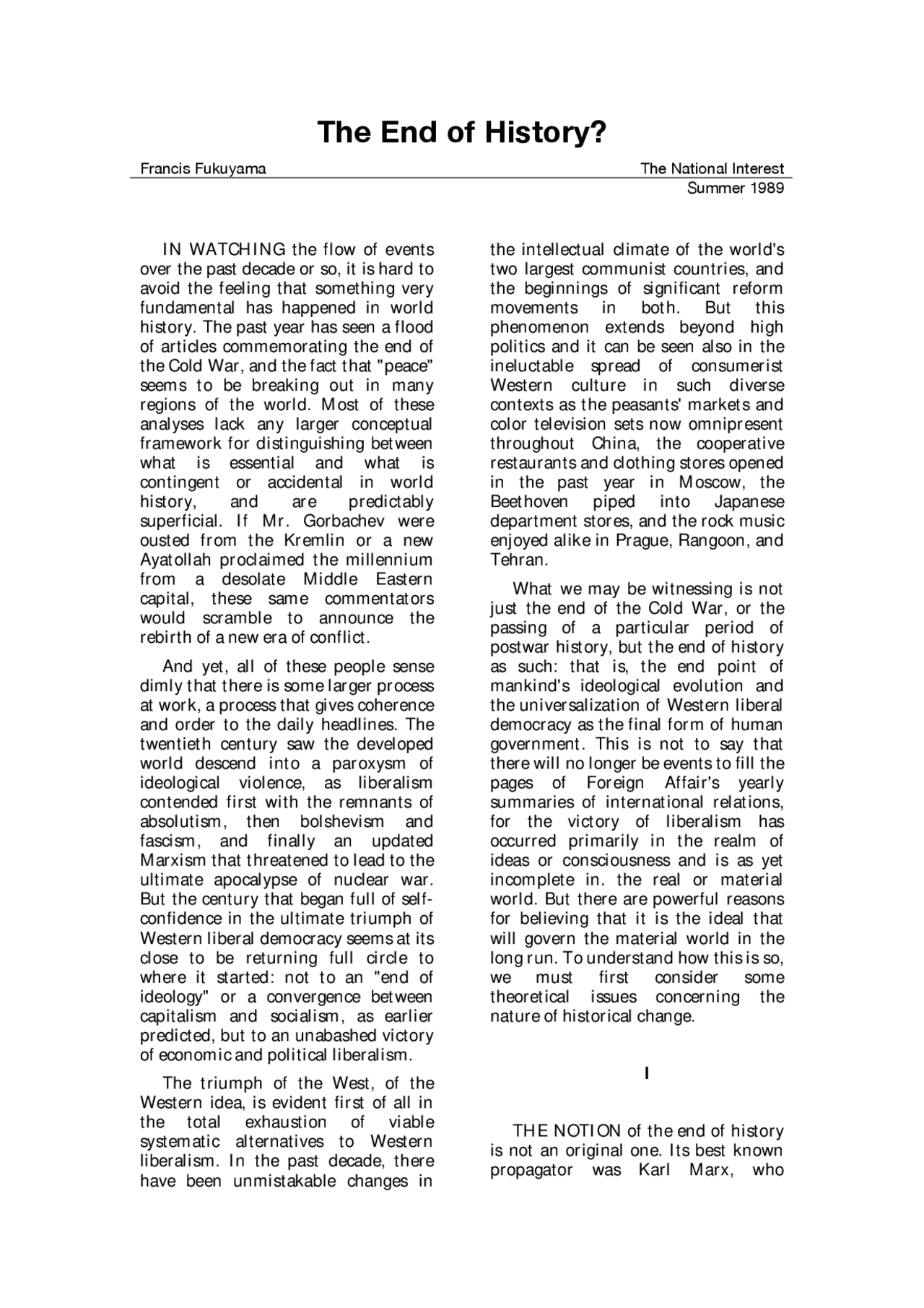 The end of history fukuyama - Docsity