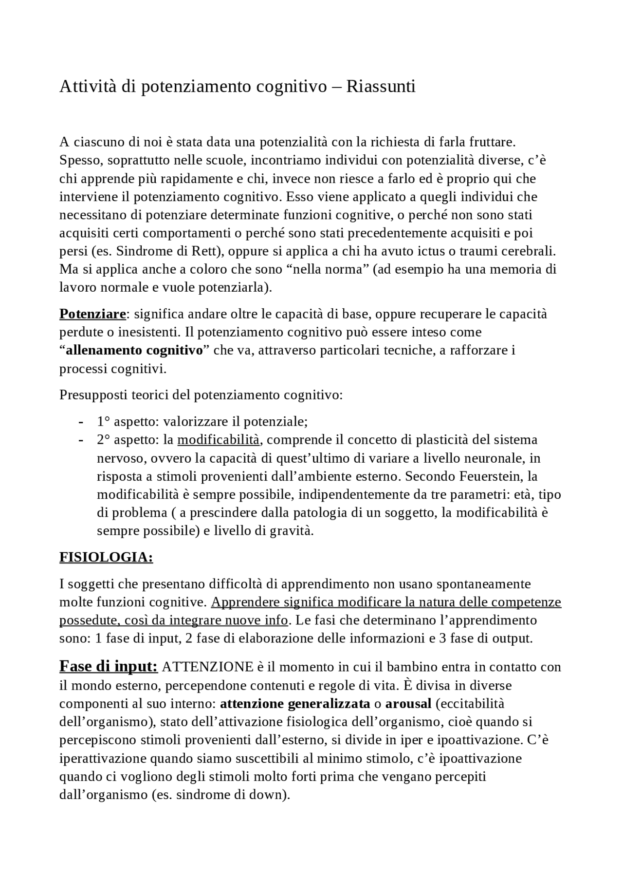 Attività Di Potenziamento Cognitivo Riassunto Docsity