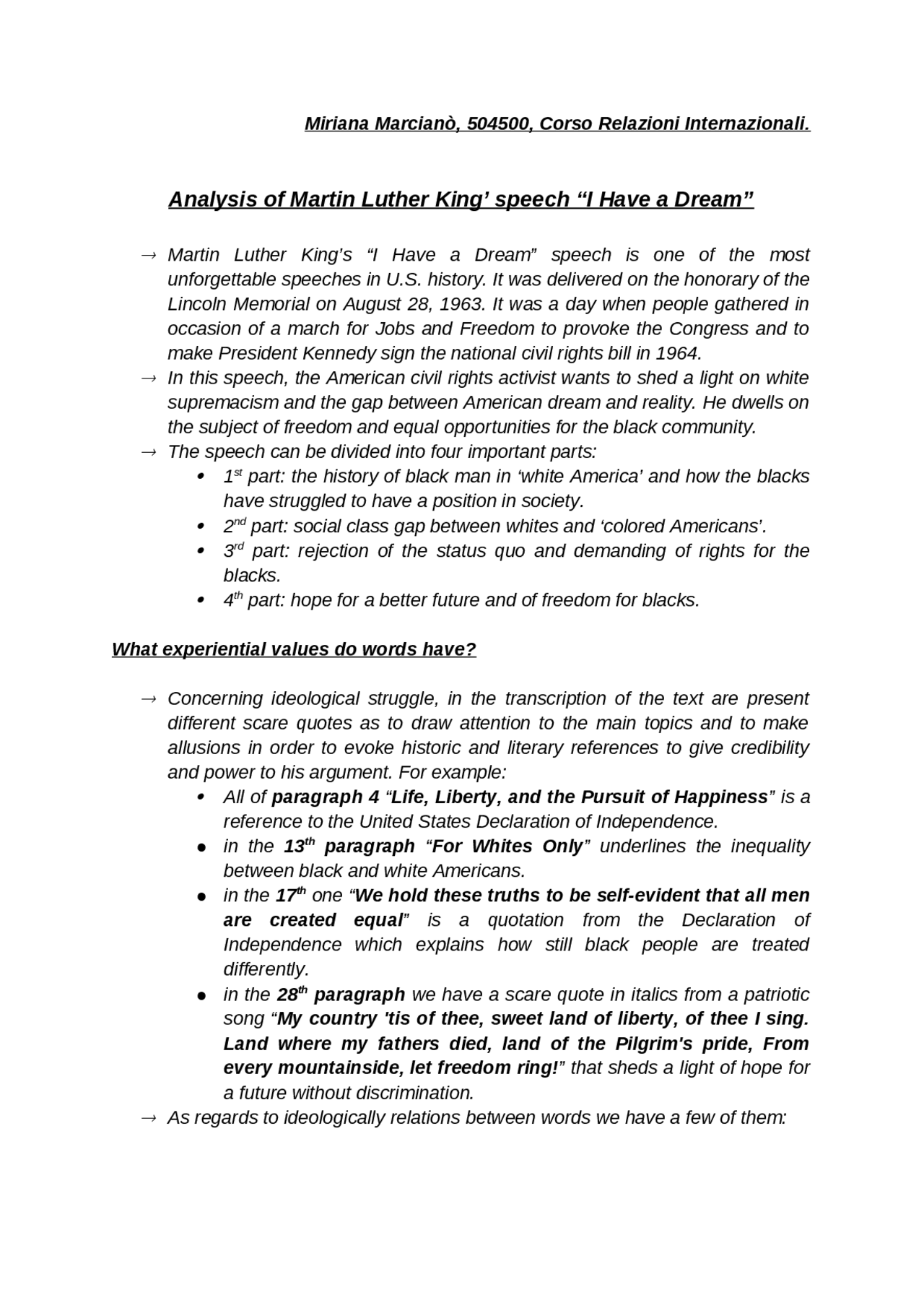 I Have A Dream Text Analysis | Esercizi di Lingua Inglese | Docsity