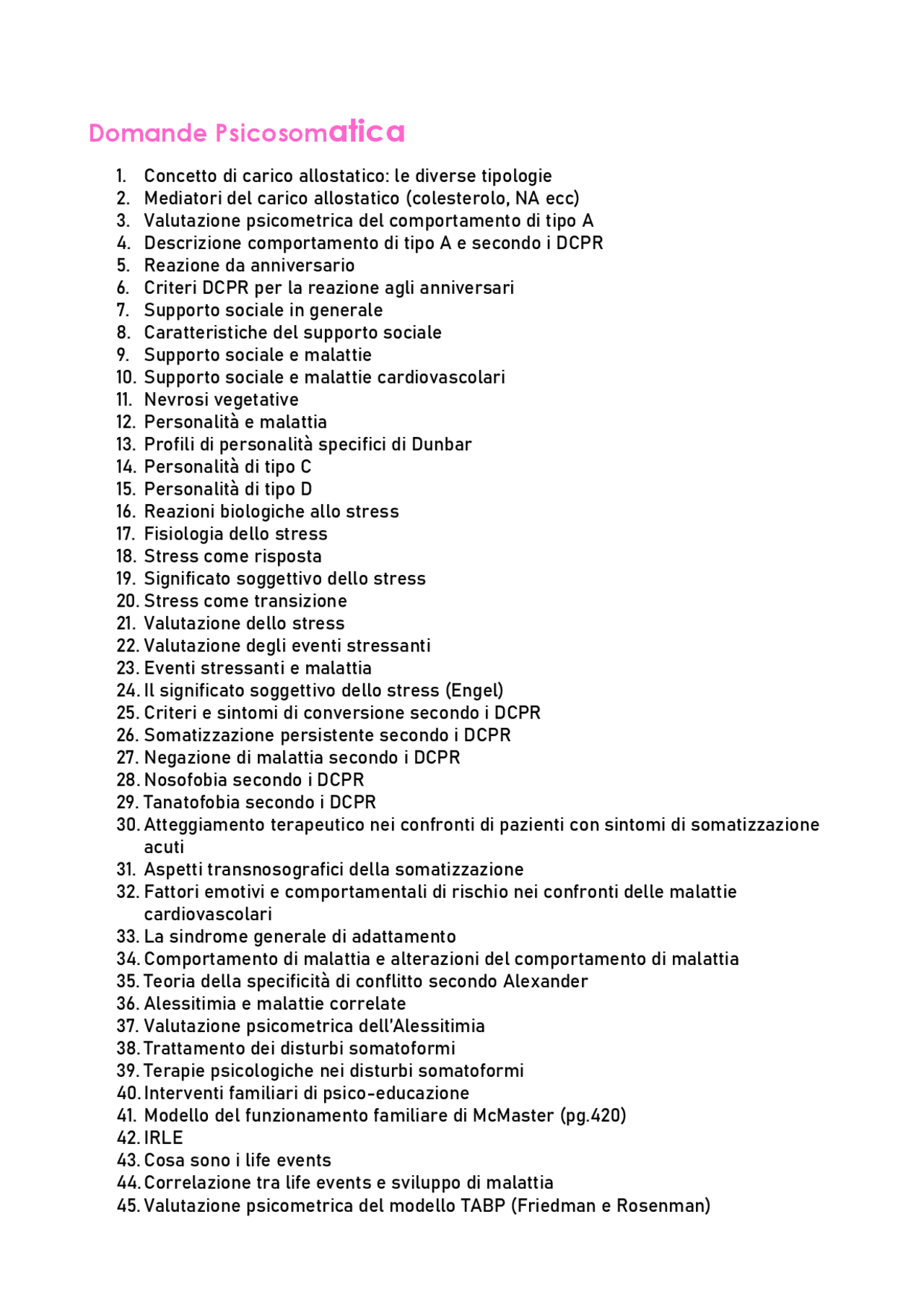 Domande Frequenti Di Psicosomatica Docsity