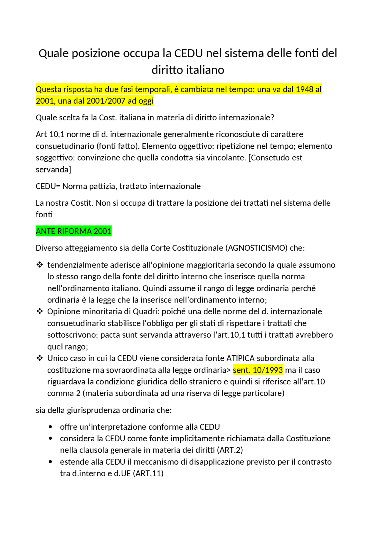 Posizione della CEDU nel sistema italiano - Docsity