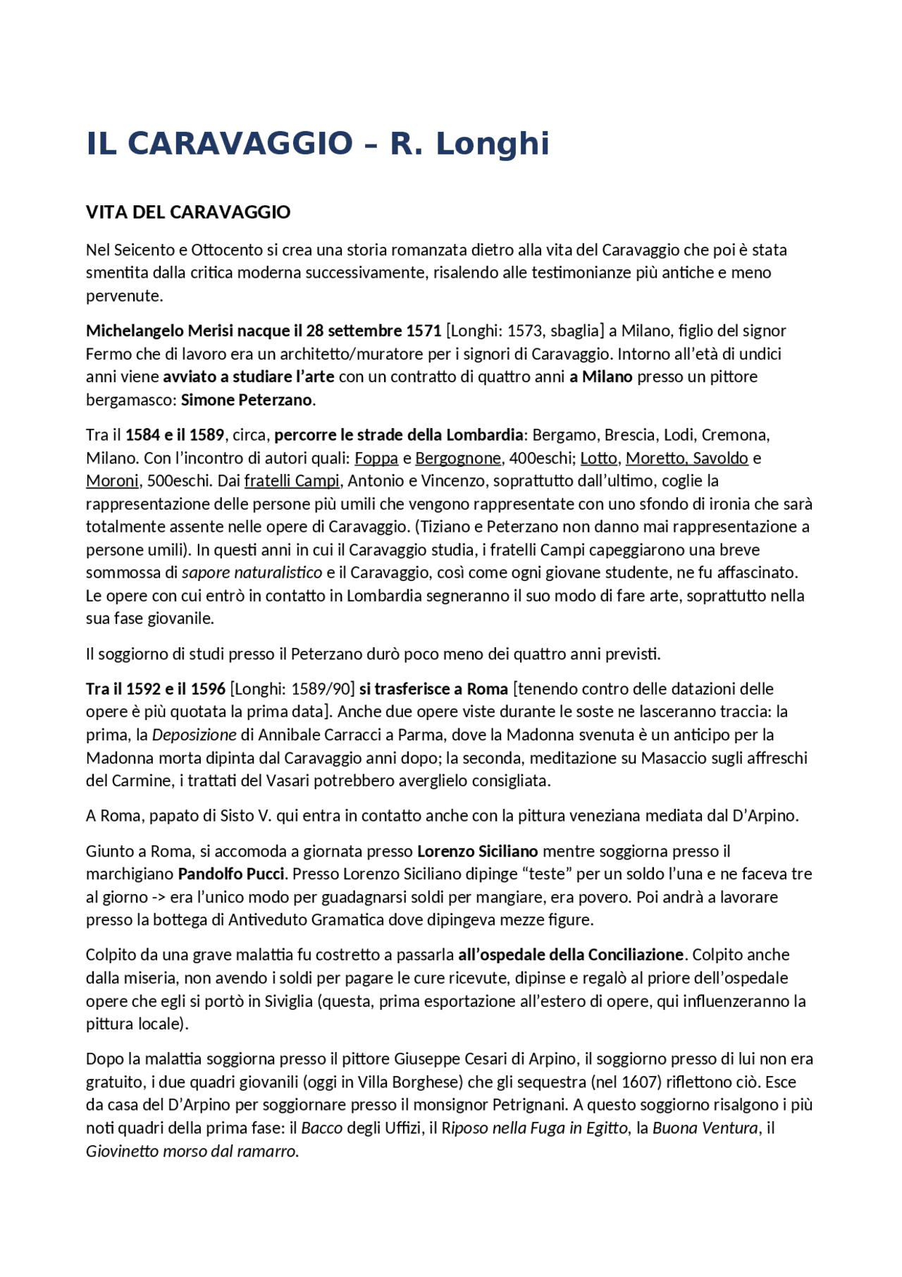Il Caravaggio, libro di Roberto Longhi - Docsity