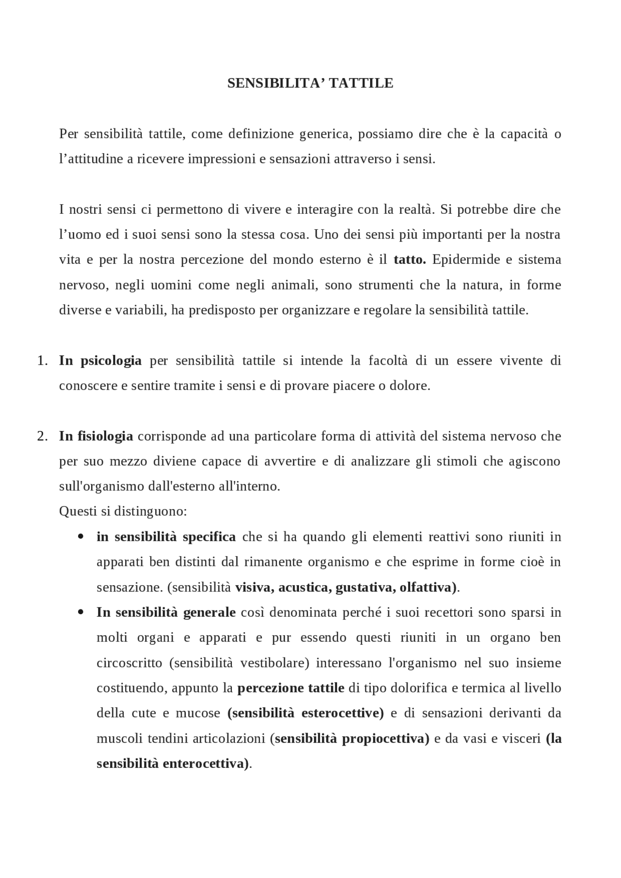 Dispensa Sulla Sensibilità Tettile Docsity