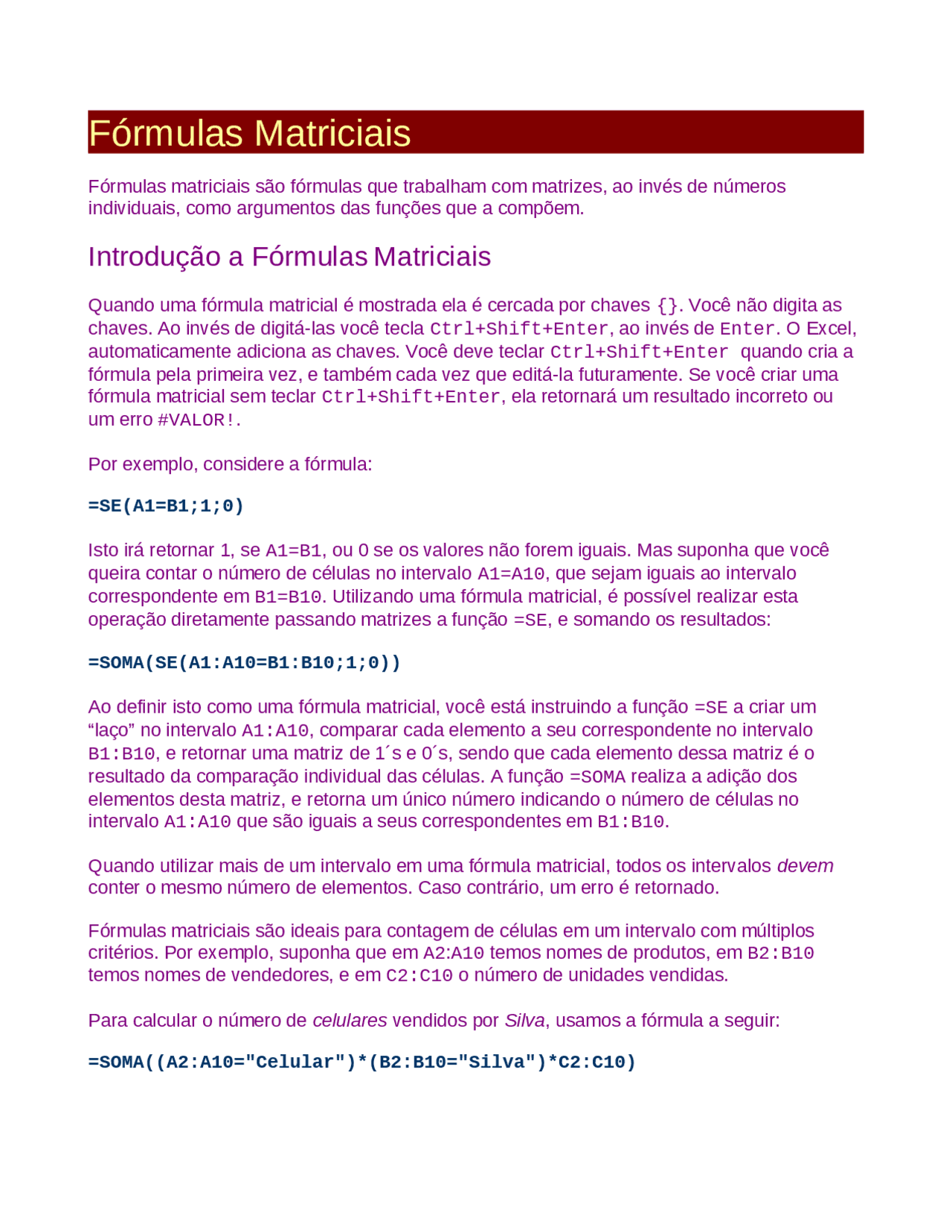 Fórmulas Matriciais Excel Docsity