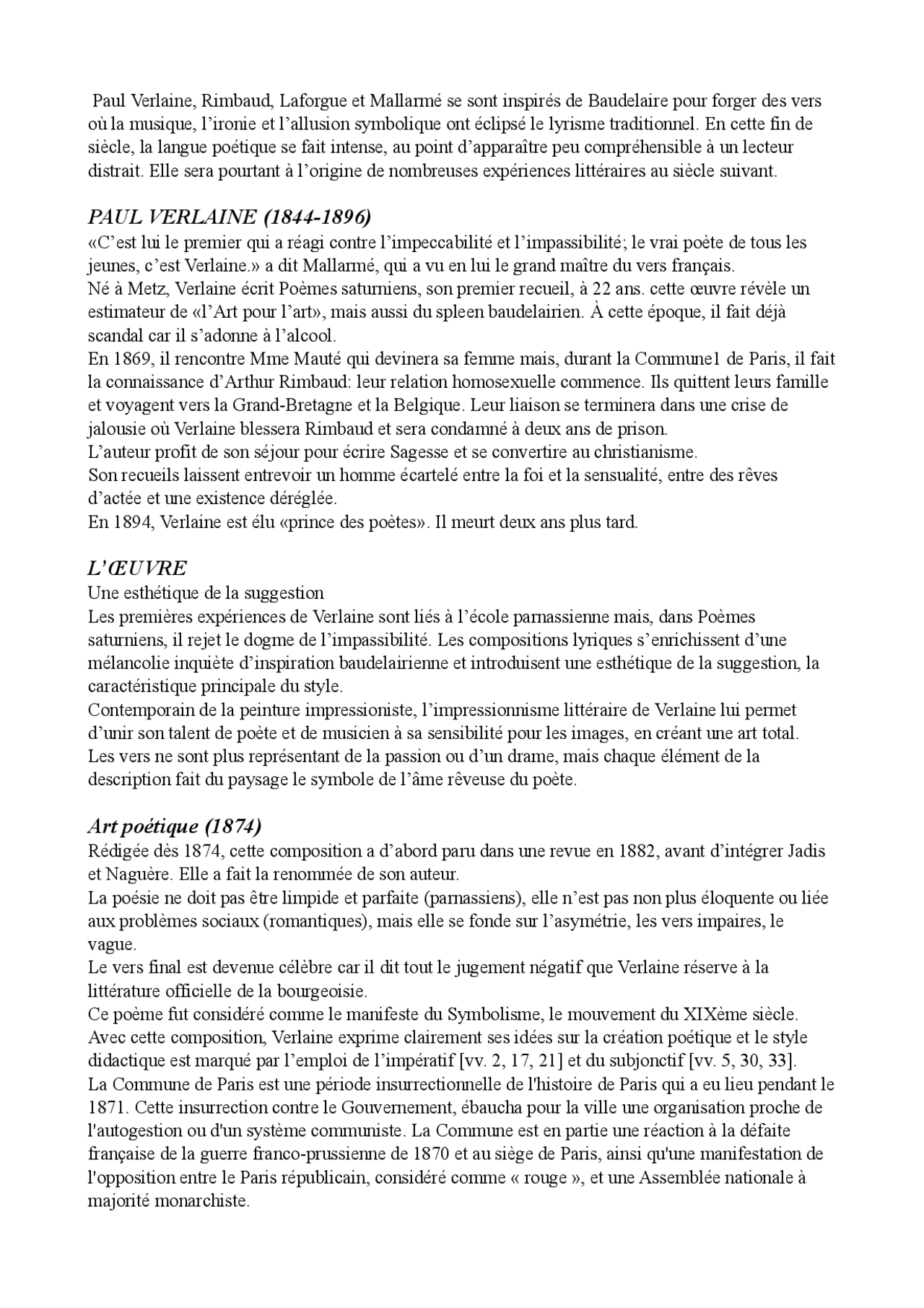 Paul Verlaine Vita Ed Opere In Francese Appunti Di Francese Docsity
