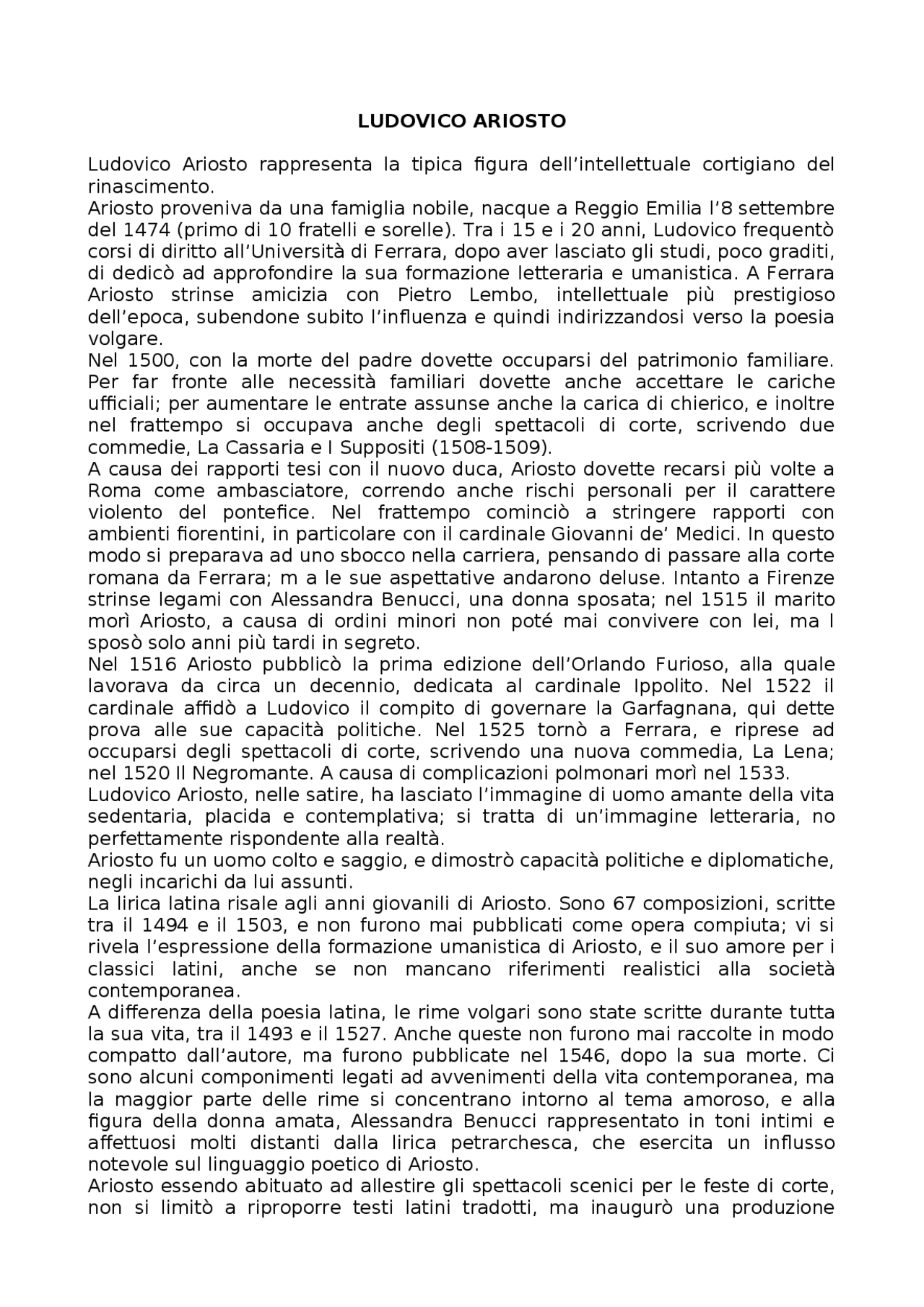 Ludovico Ariosto Riassunto Docsity