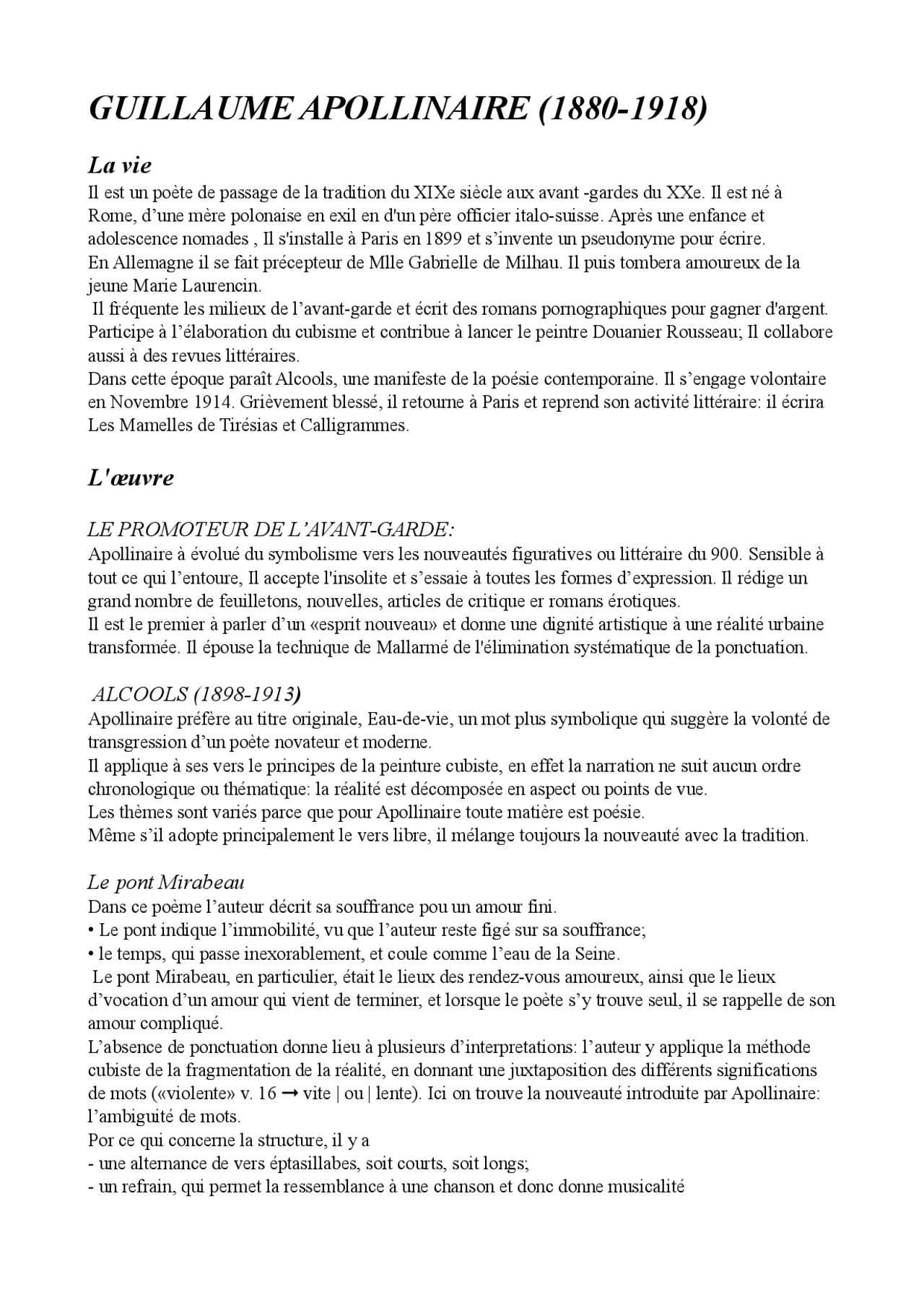 Apollinaire Vita Ed Opere Docsity