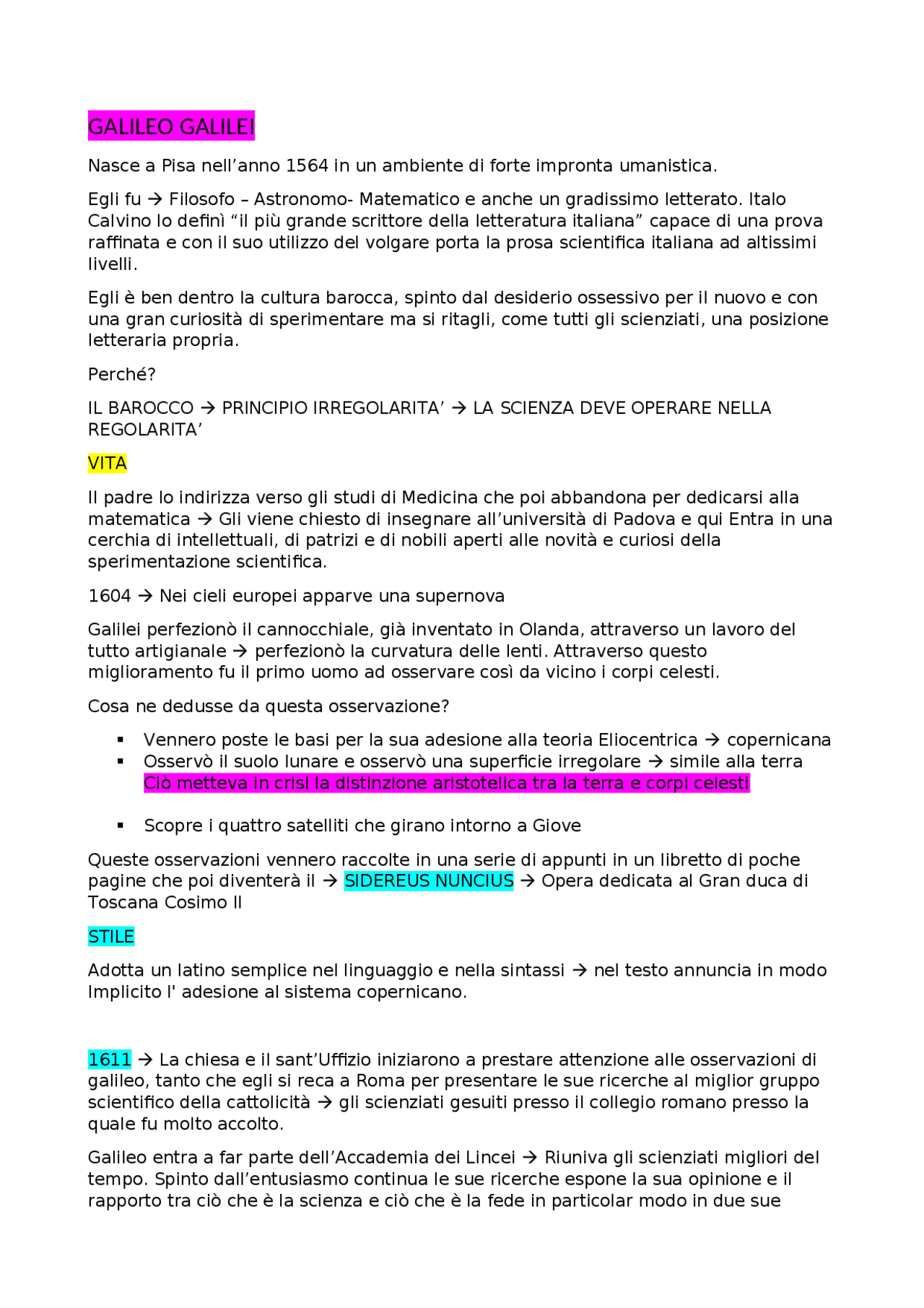 Galileo Galilei Vita E Opere Docsity