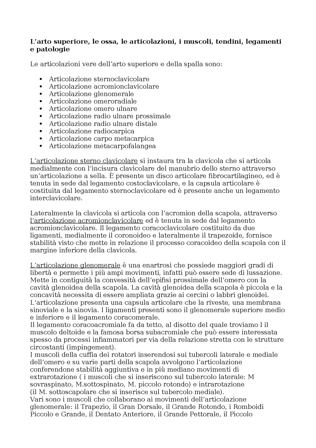 Arto Superiore Cenni Sulla Sua Anatomia Docsity