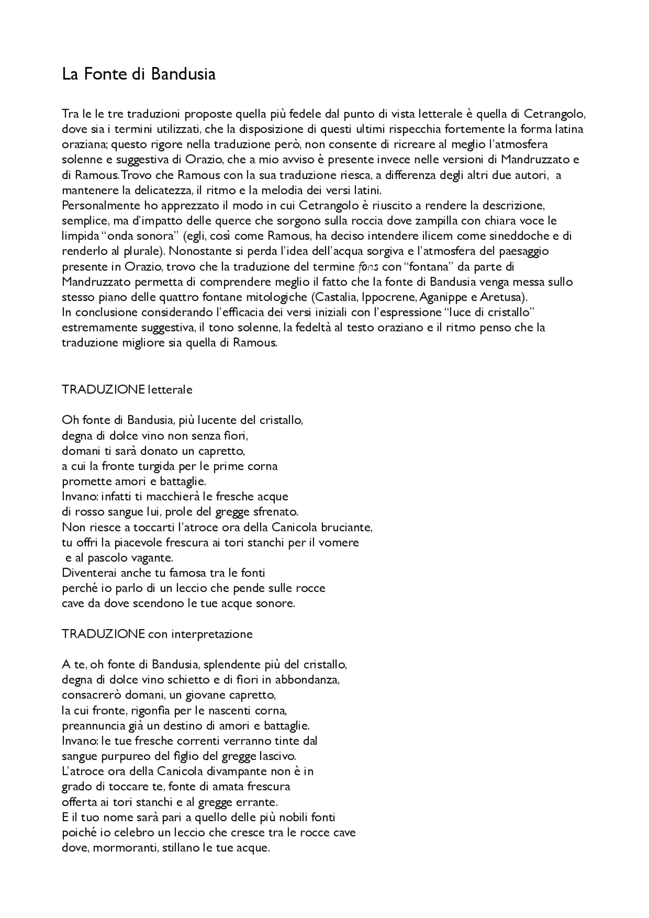 Fonte di bandusia, Orazio - Docsity