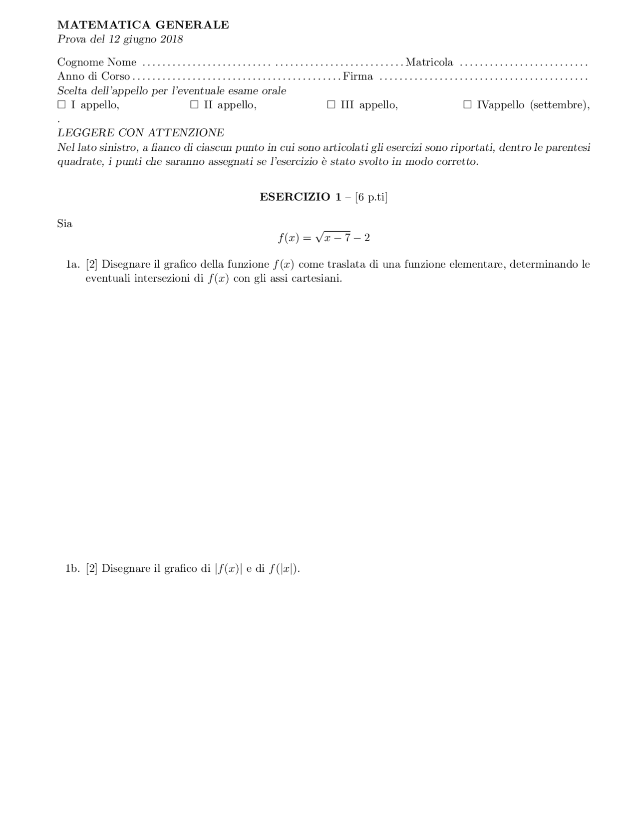 Prova Matematica Generale 12 Giugno 2018 Docsity