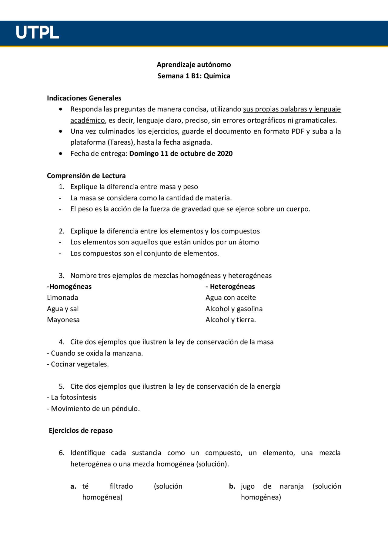 Tarea De Química Ejercicios Docsity