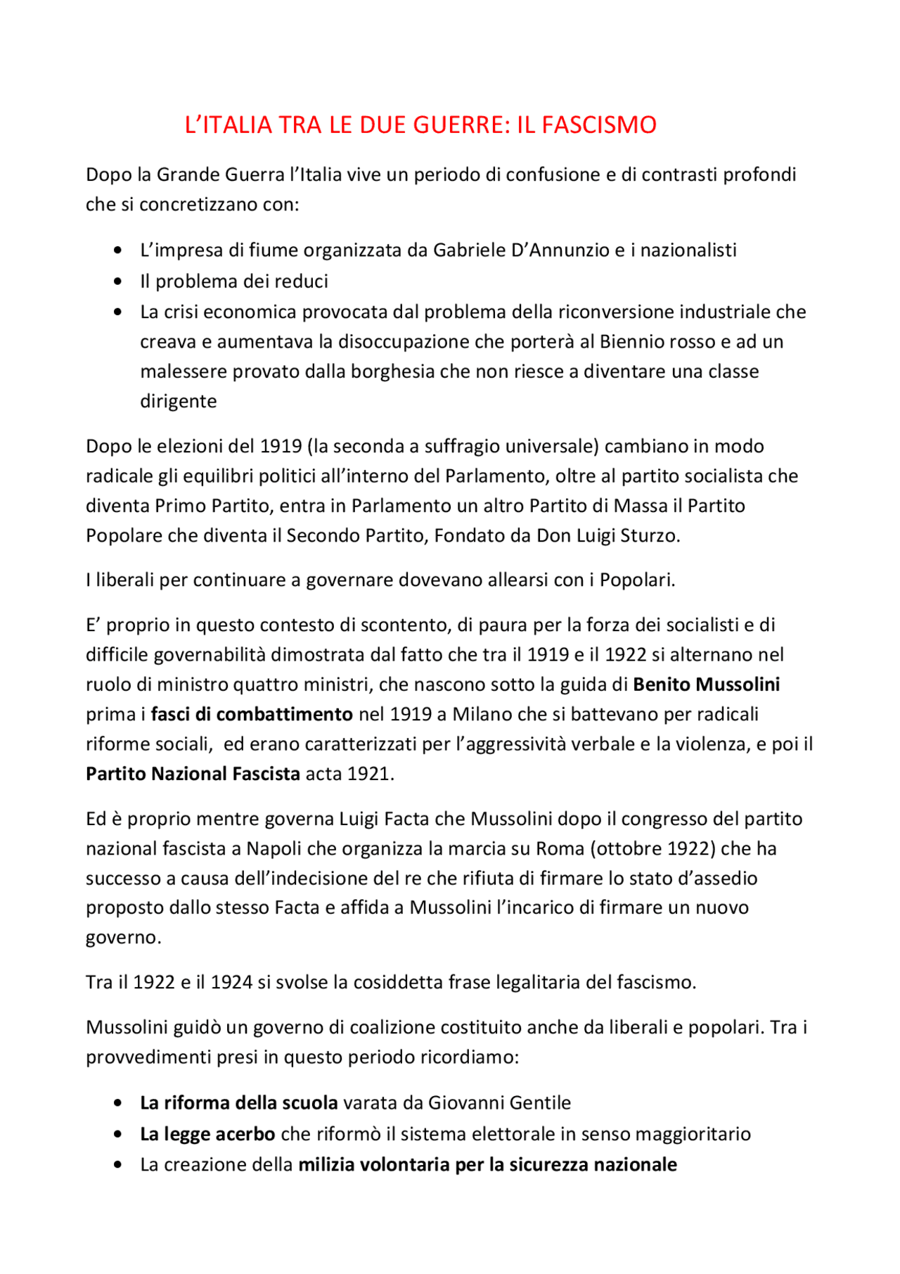 Sintesi Sul Fascismo Sintesi Del Corso Di Storia Docsity