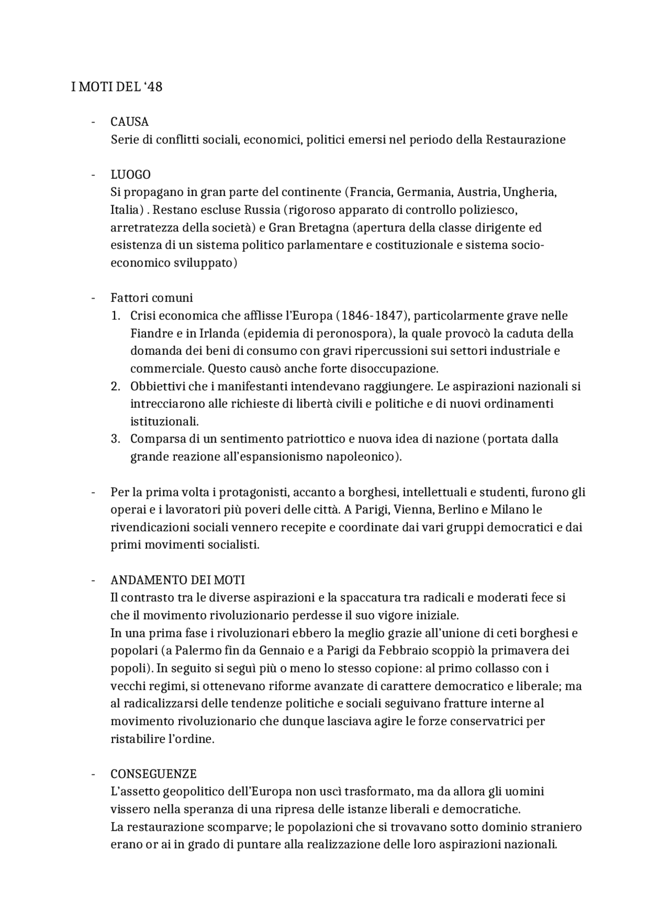 I Moti Del 48 Riassunto Schemi E Mappe Concettuali Di Storia Docsity