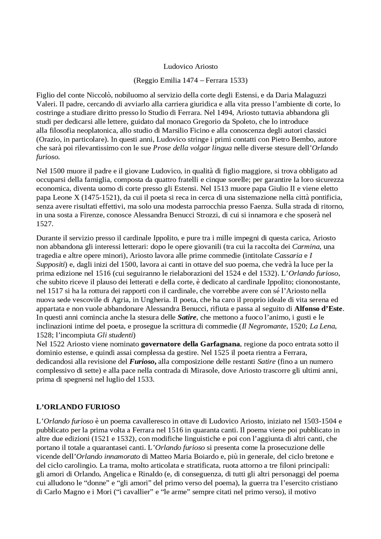 Riassunto Breve Ludovico Ariosto Appunti Di Italiano Docsity