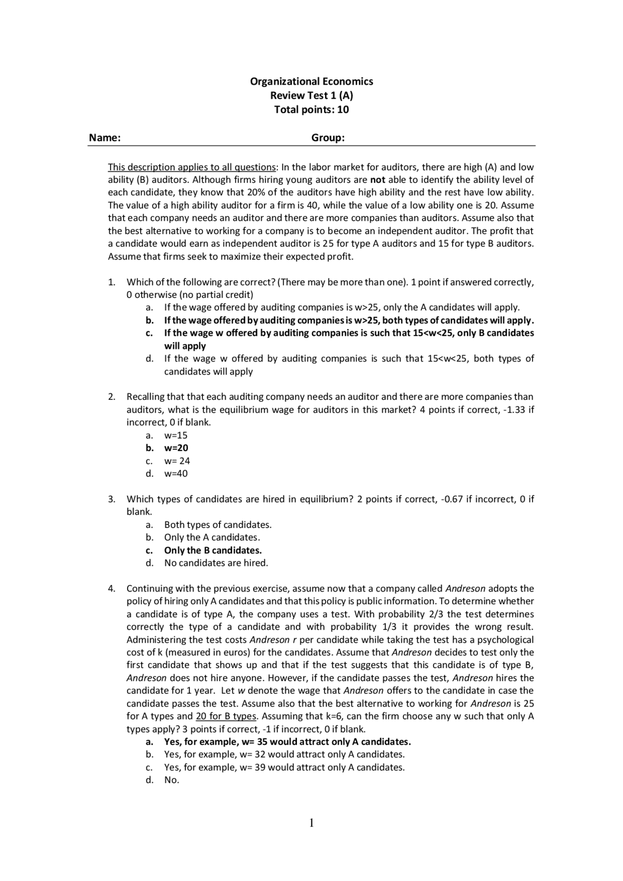 Test 1A Organizational Economics 2020 - Docsity