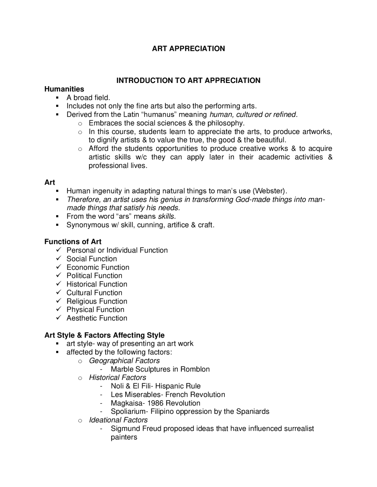 Art Appreciation and | Study notes Art | Docsity