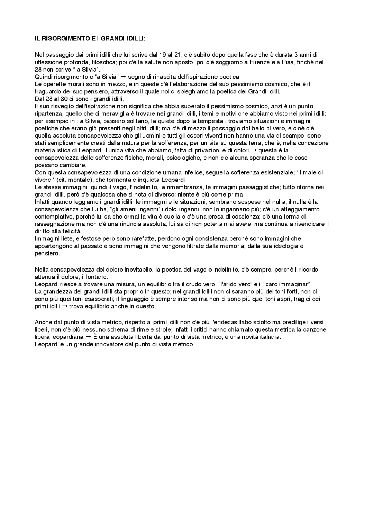 Il Risorgimento E I Grandi Idilli Leopardi Docsity