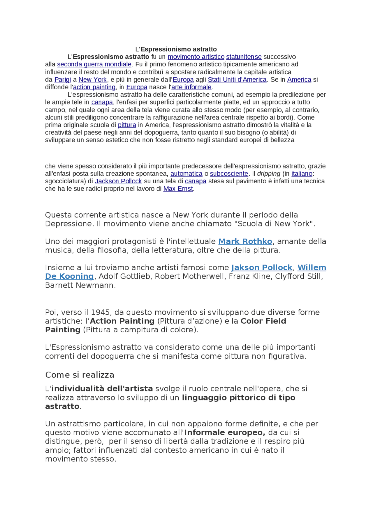 Espressionismo astratto - Docsity