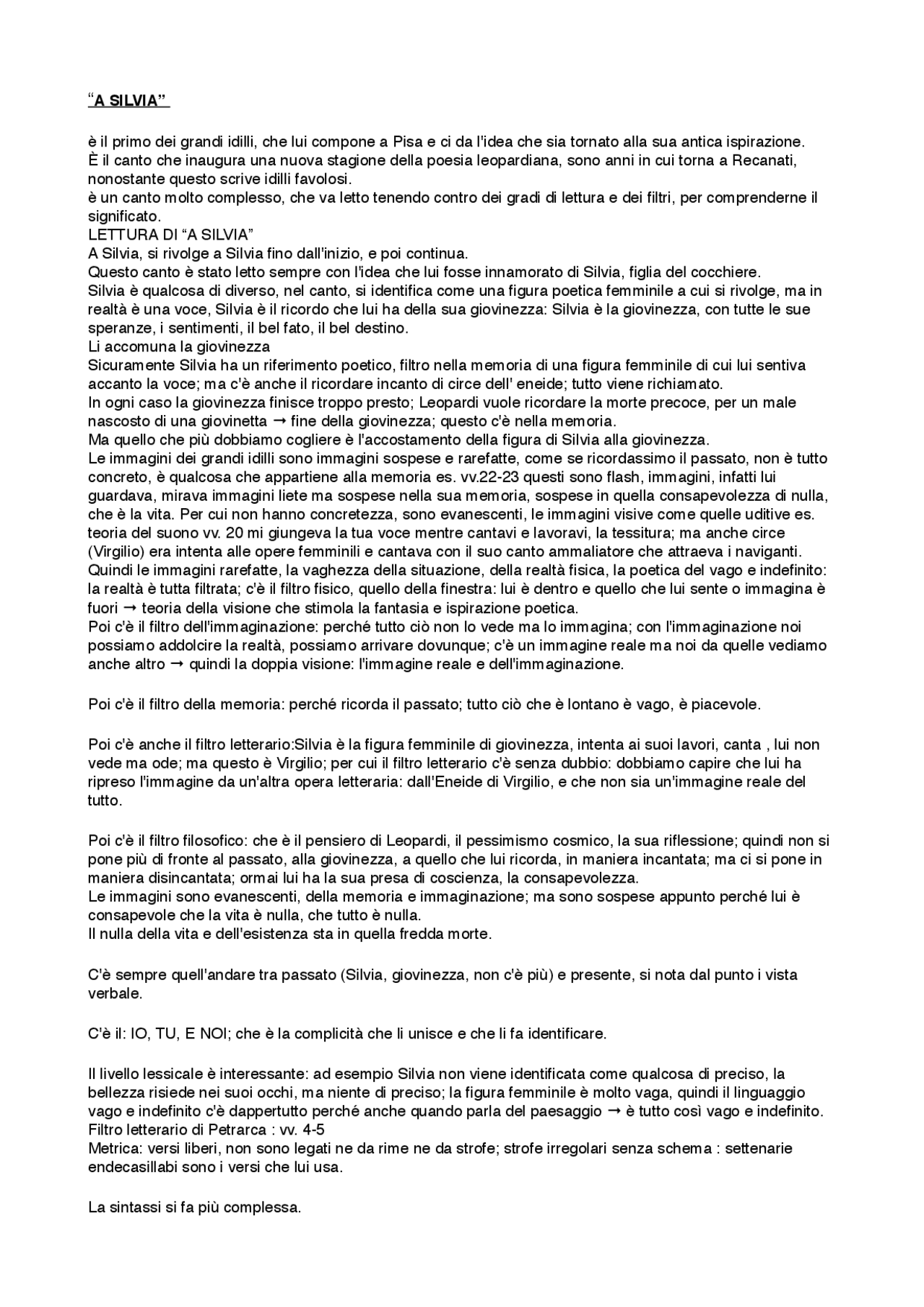 A Silvia - Leopardi - Docsity