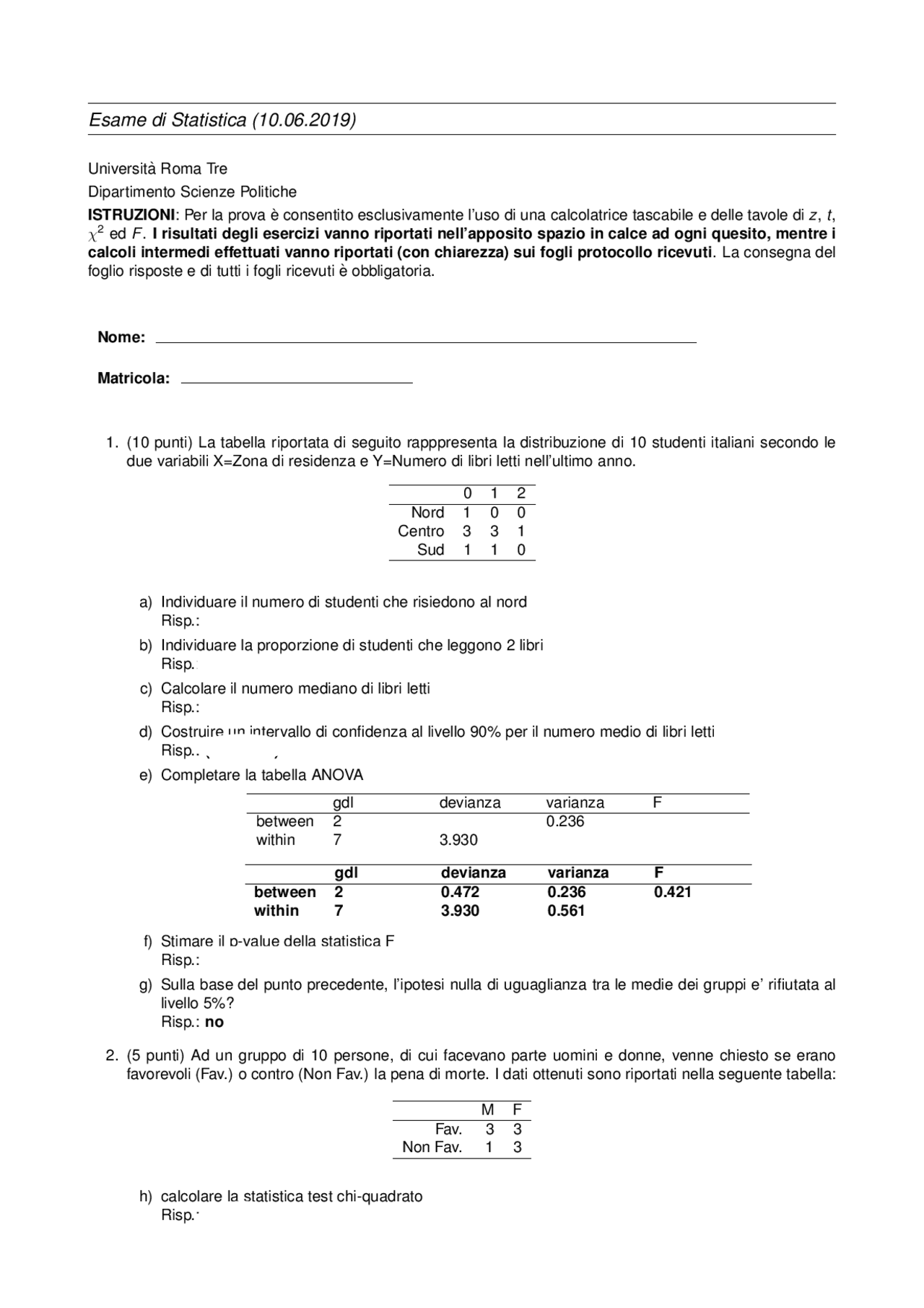 Prova Esame Statistica Docsity