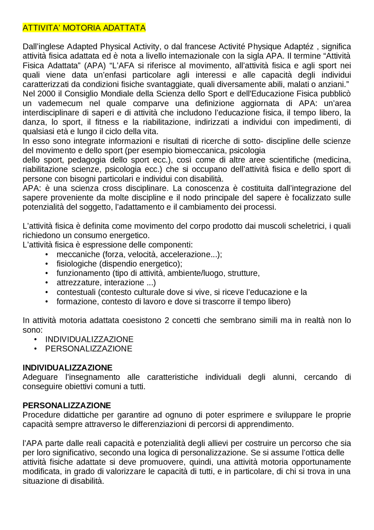 Attività Motoria Adattata Sintesi Del Corso Di Scienze Motorie Docsity