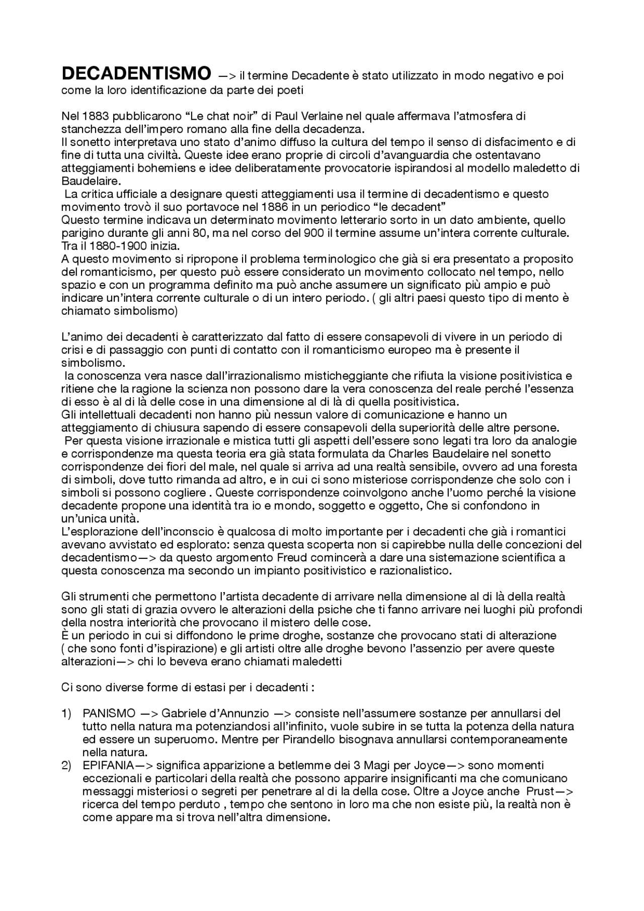 Il Decadentismo Riassunto Docsity