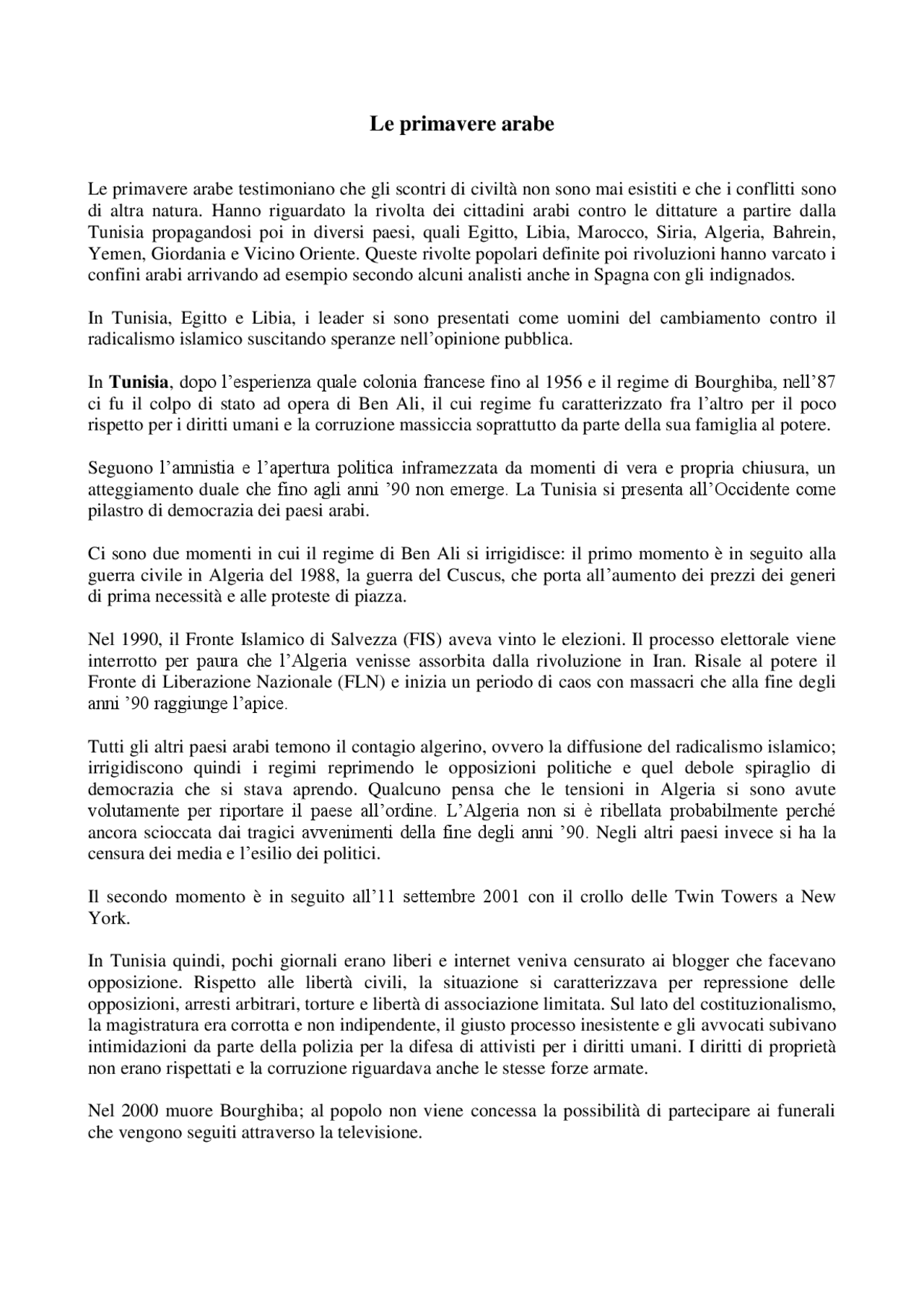 Le primavere arabe (Tunisia, Algeria, Egitto, Libia, Marocco, Siria) - Docsity
