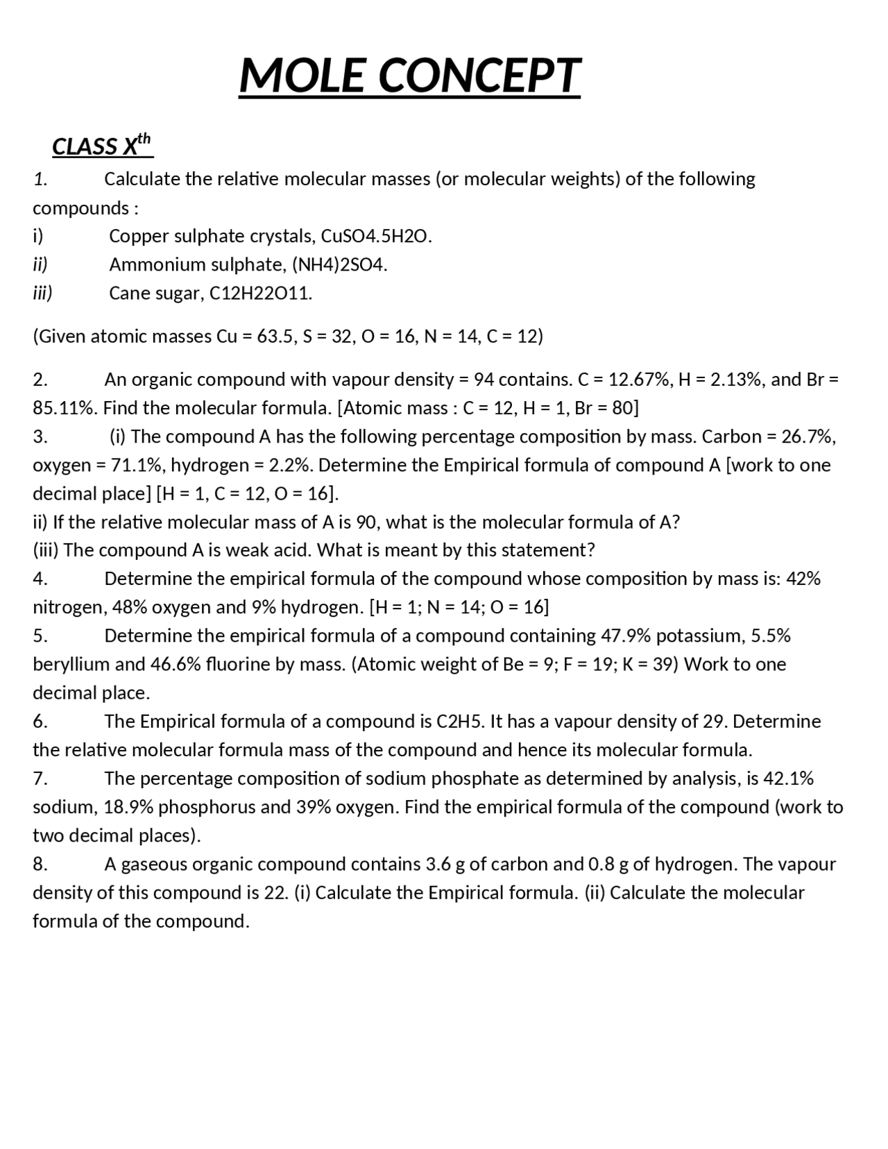 Igcse Mole Concept Worksheet Igcse Mole Concept Worksheet