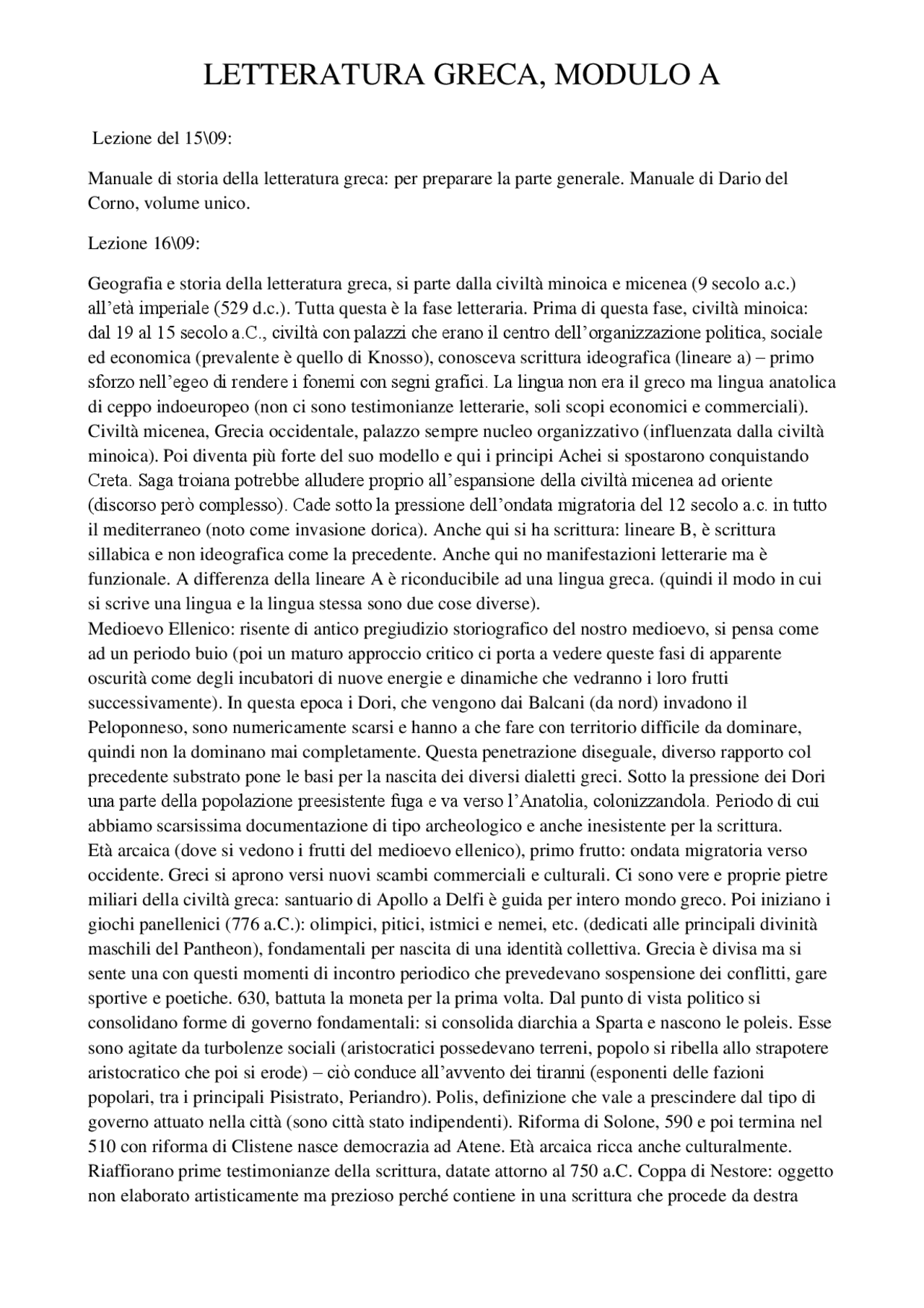 Appunti Modulo A Letteratura Greca Docsity