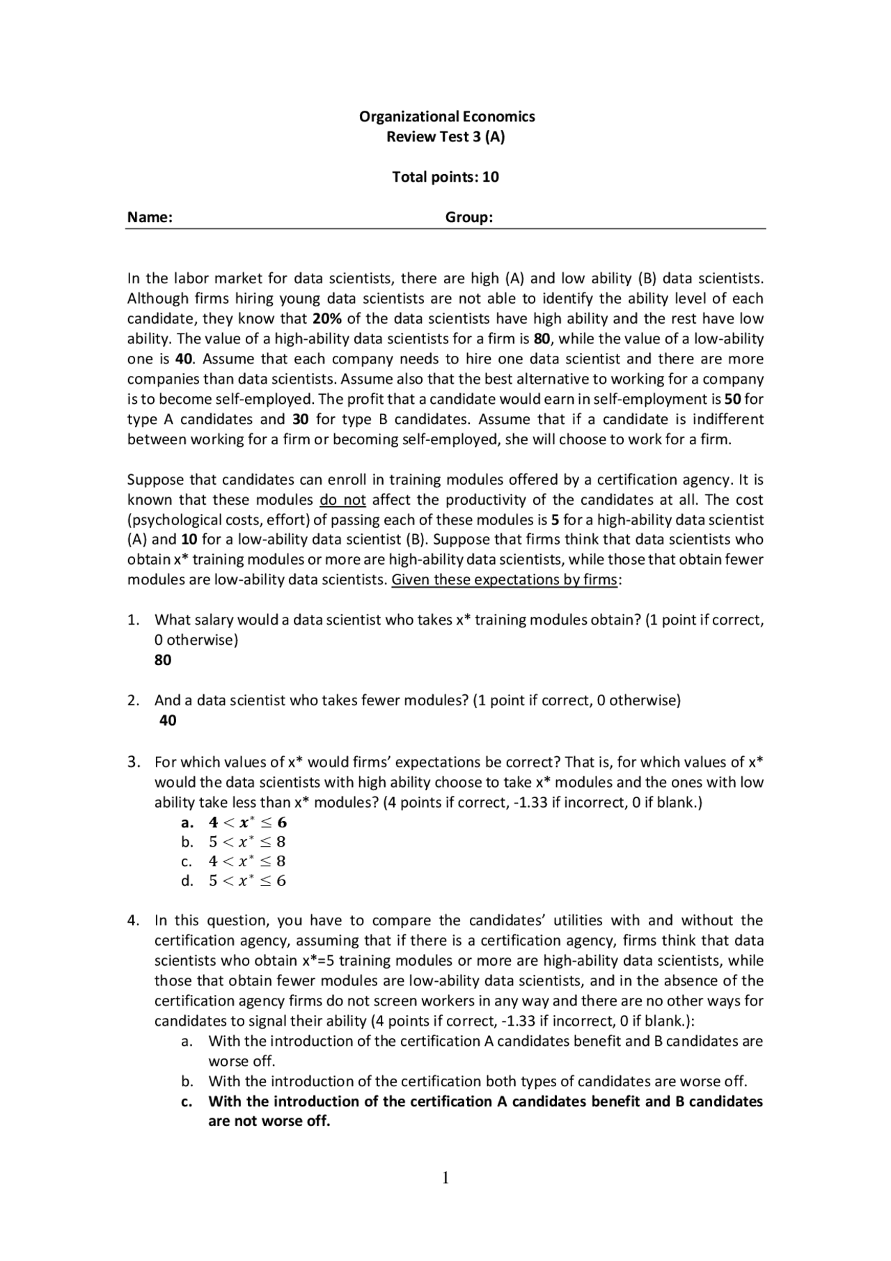 Test 3A Organizational Economics 2020 - Docsity