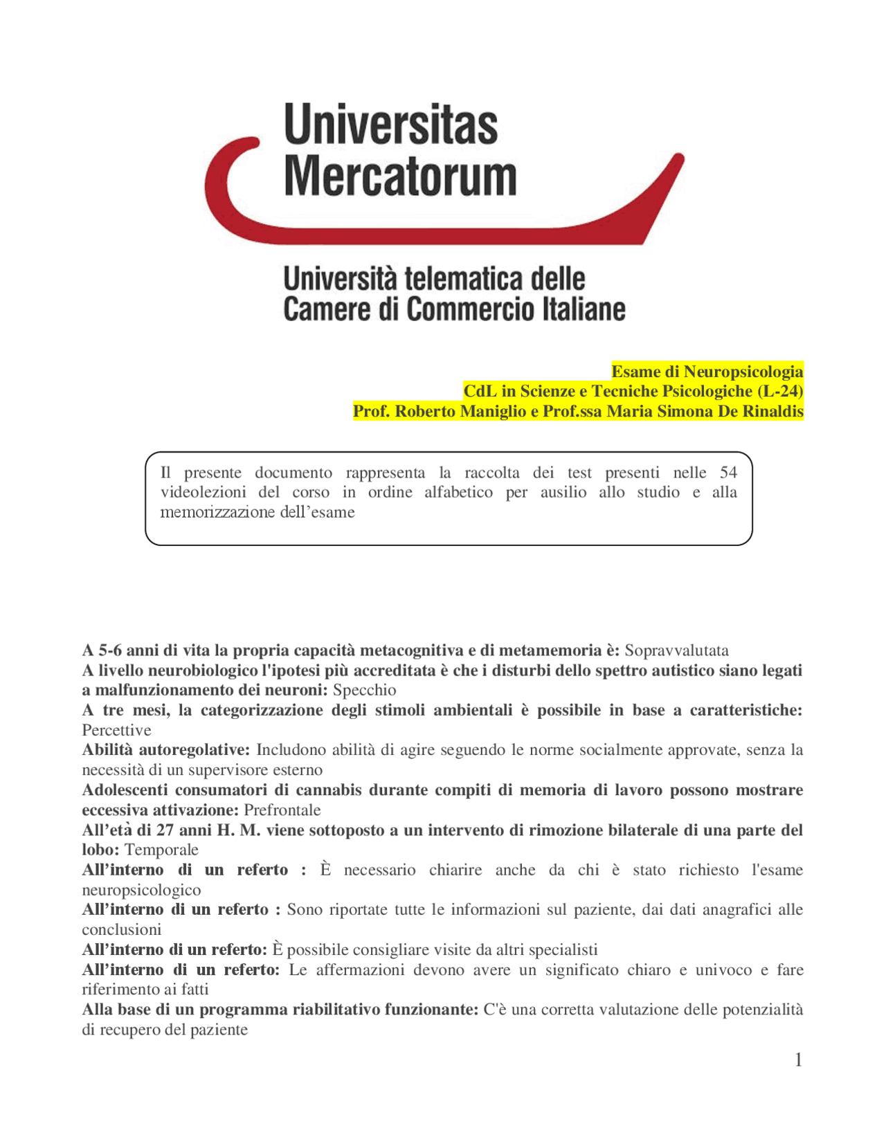 Quiz Esame Di Neuropsicologia Docsity